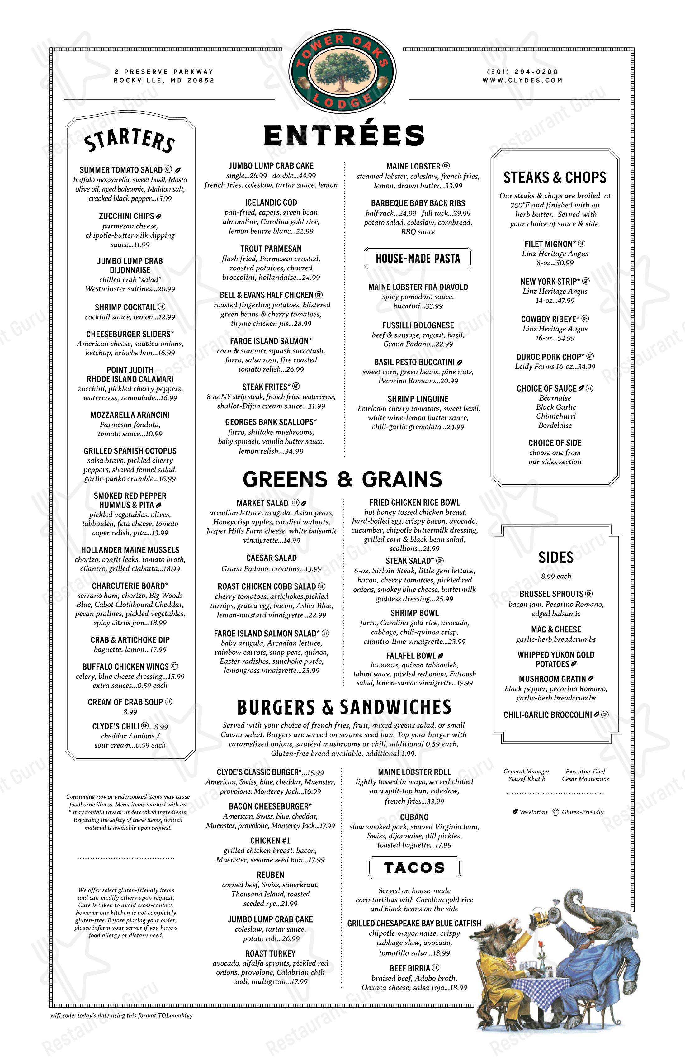 Menu at Clyde's Tower Oaks Lodge pub & bar, Rockville