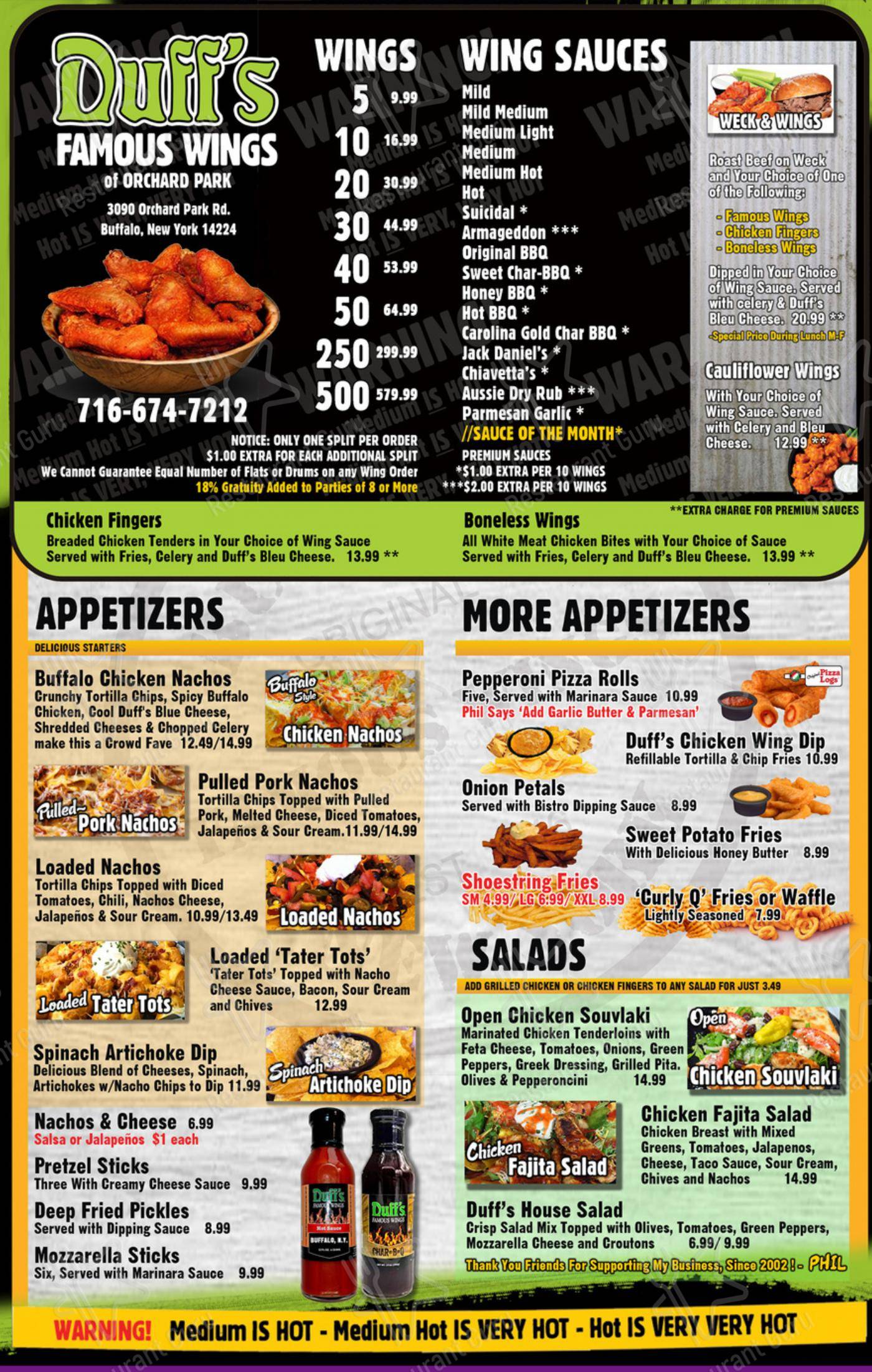 Menu at Duff's Famous Wings restaurant, Amherst, Sheridan Dr