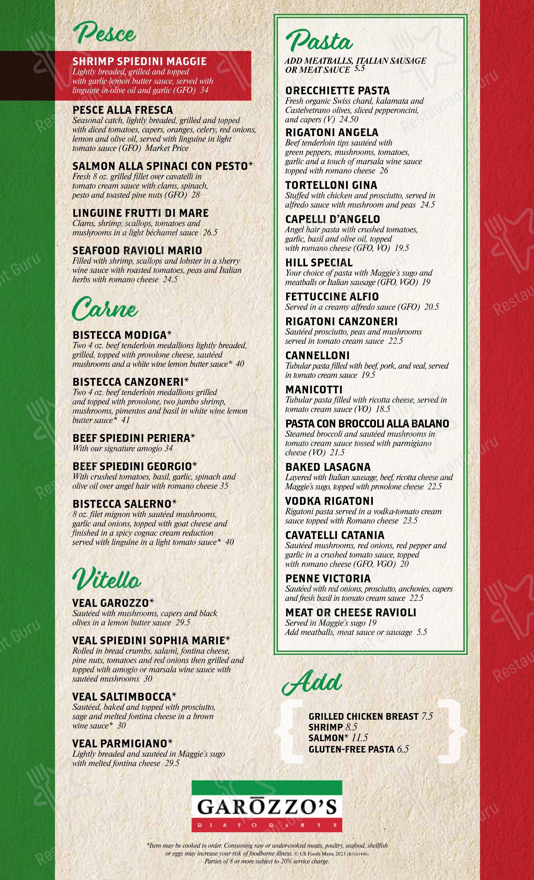 Menu at Garozzo's Downtown restaurant, Kansas City