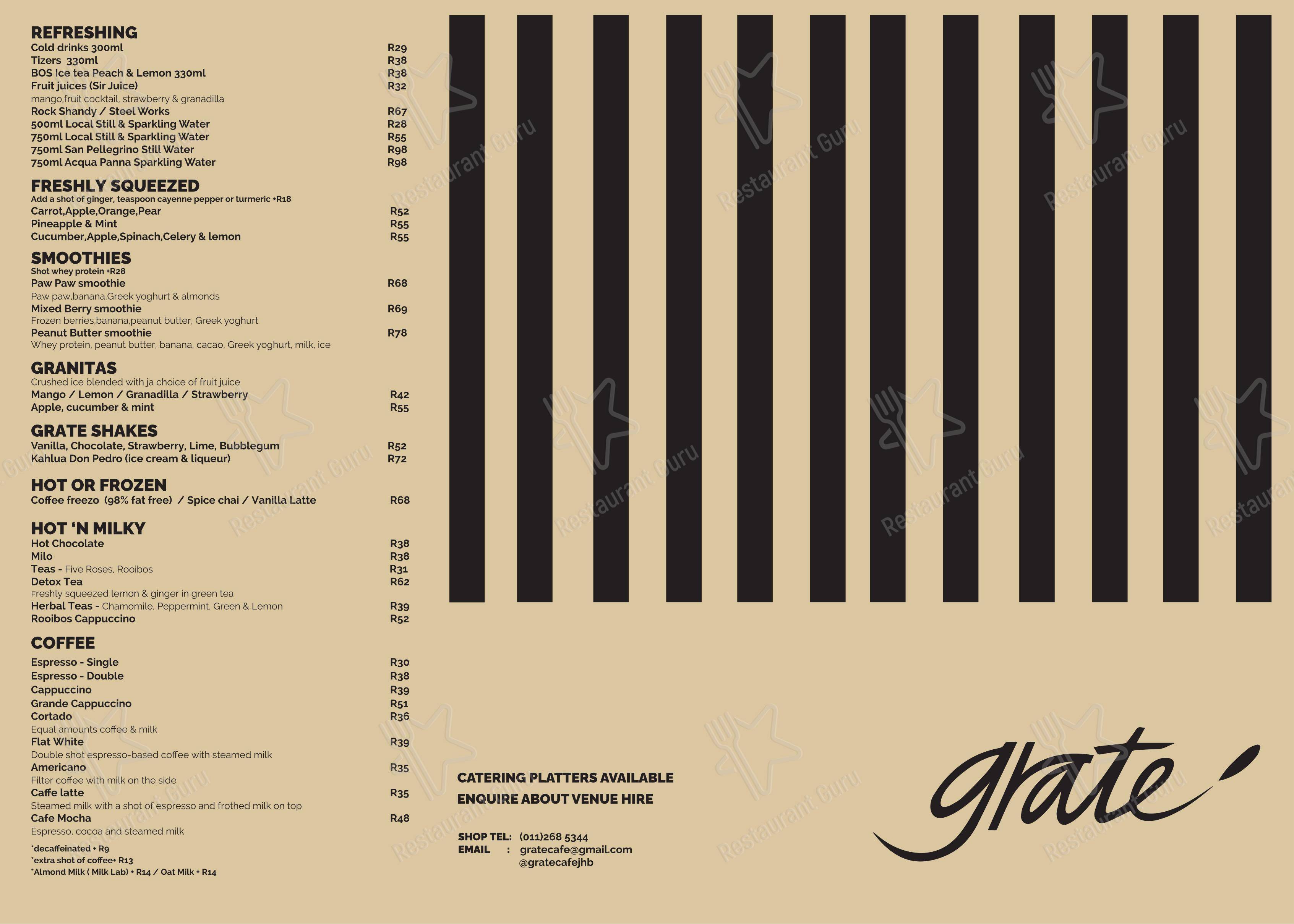 Menu at Grate cafe, Sandton