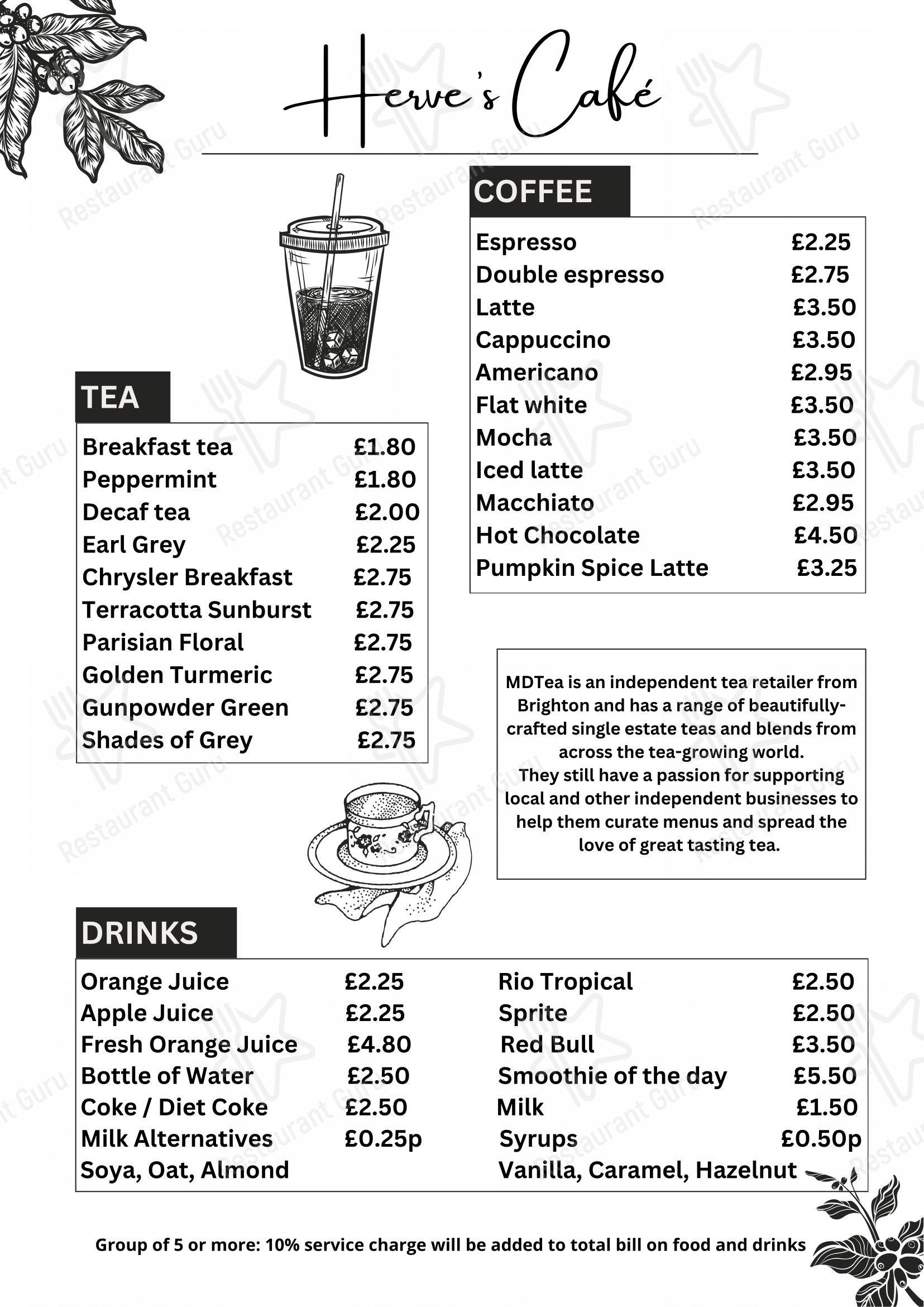 Menu at Herve's Cafe, Brighton