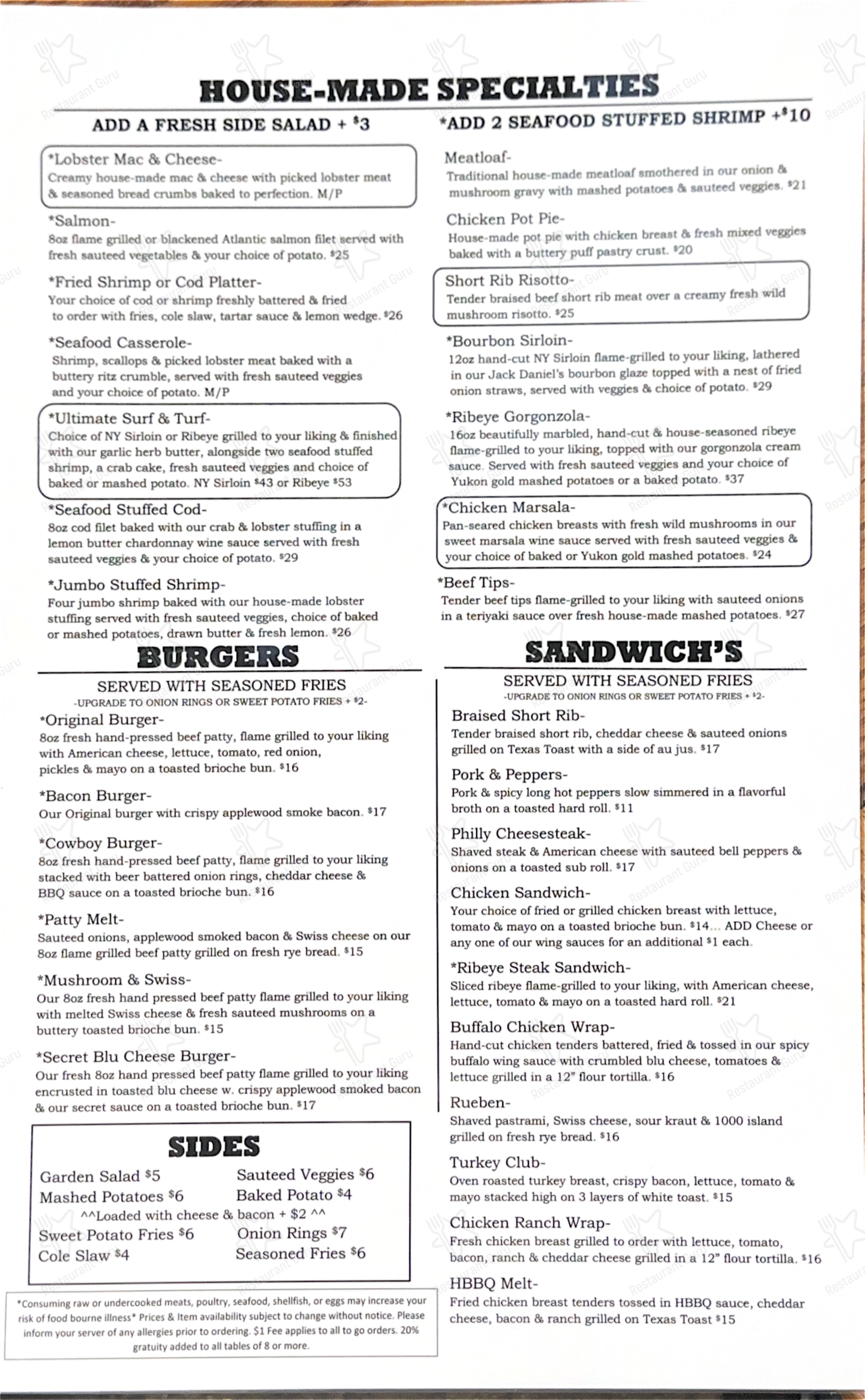Menu at Johnny B's Roadside Saloon pub & bar, Wolcott