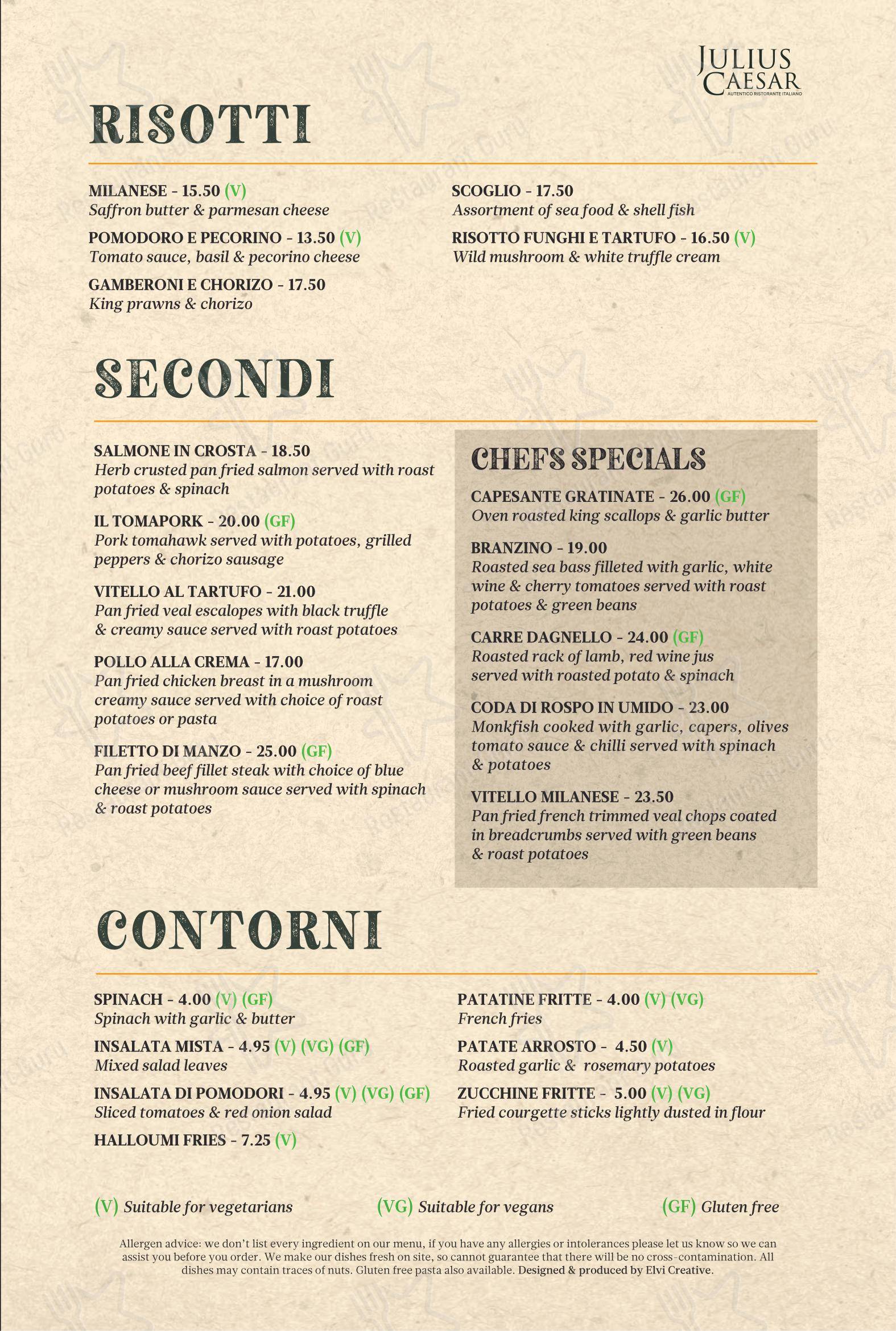 Menu at Julius Caesar Italian Restaurant, Gravesend