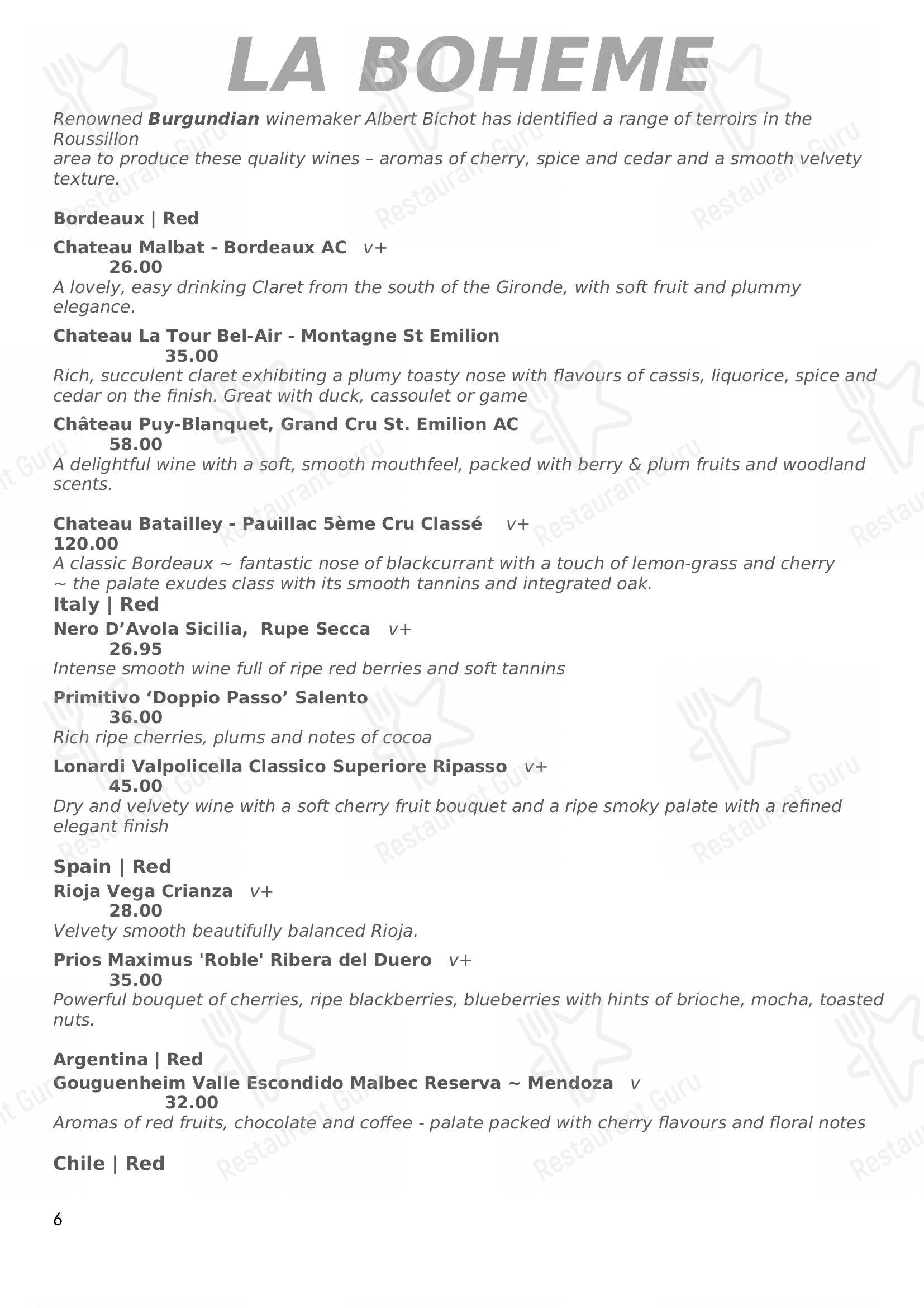 Menu at La Boheme restaurant, Lymm