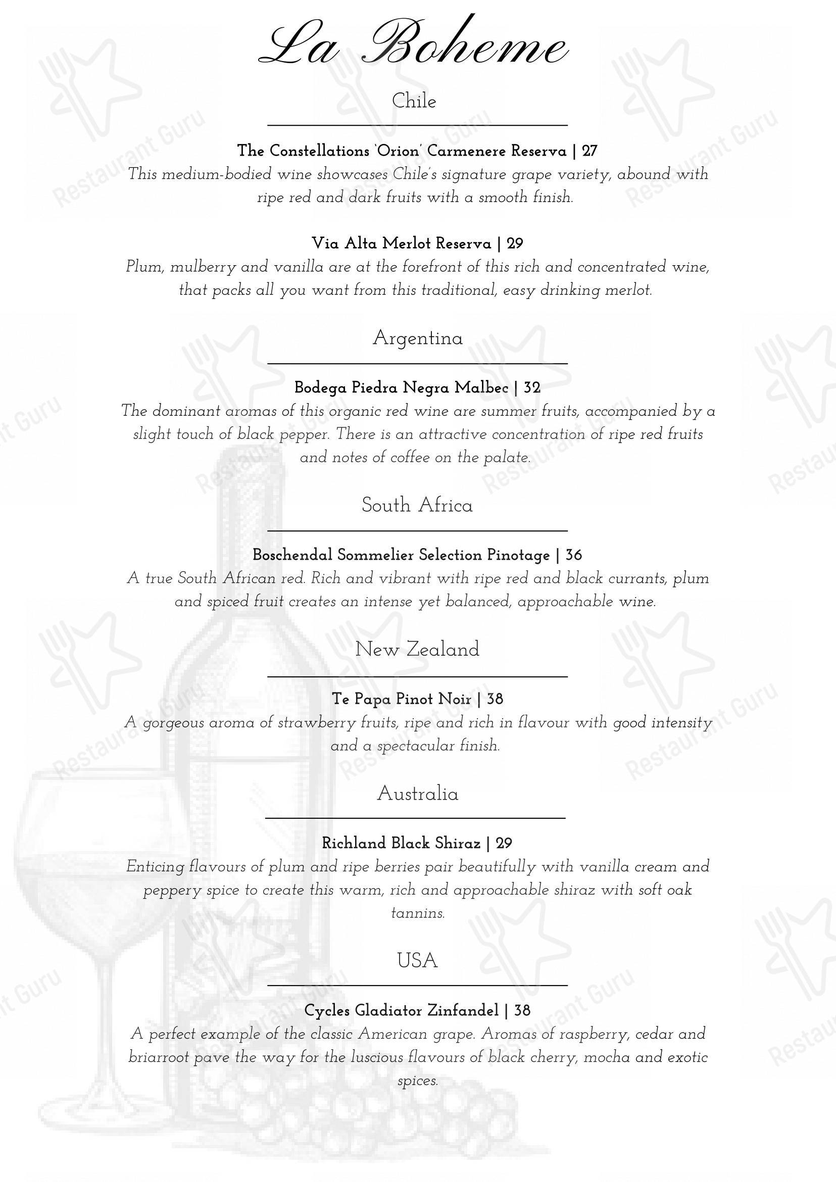 Menu at La Boheme restaurant, Lymm