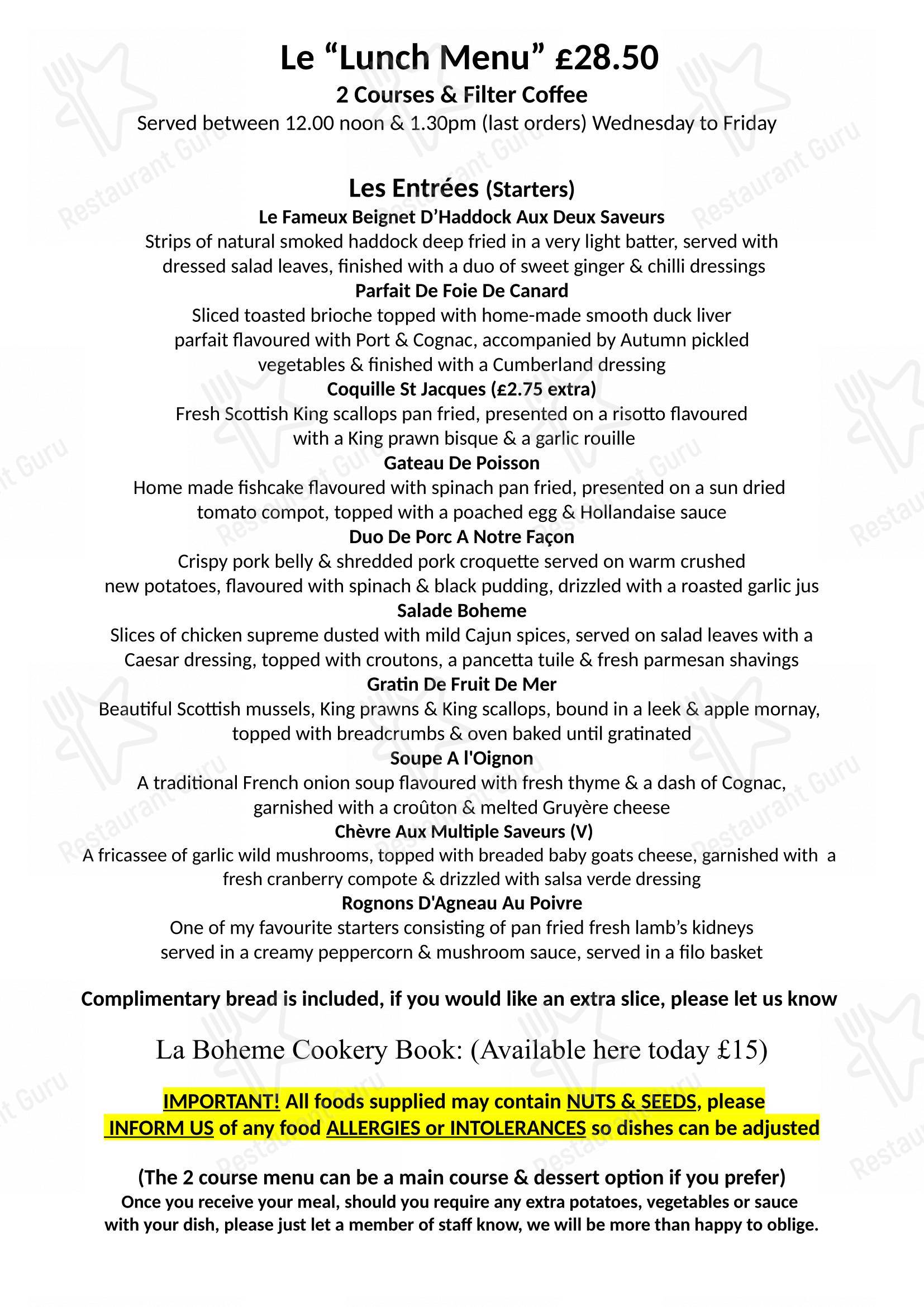 Menu at La Boheme restaurant, Lymm