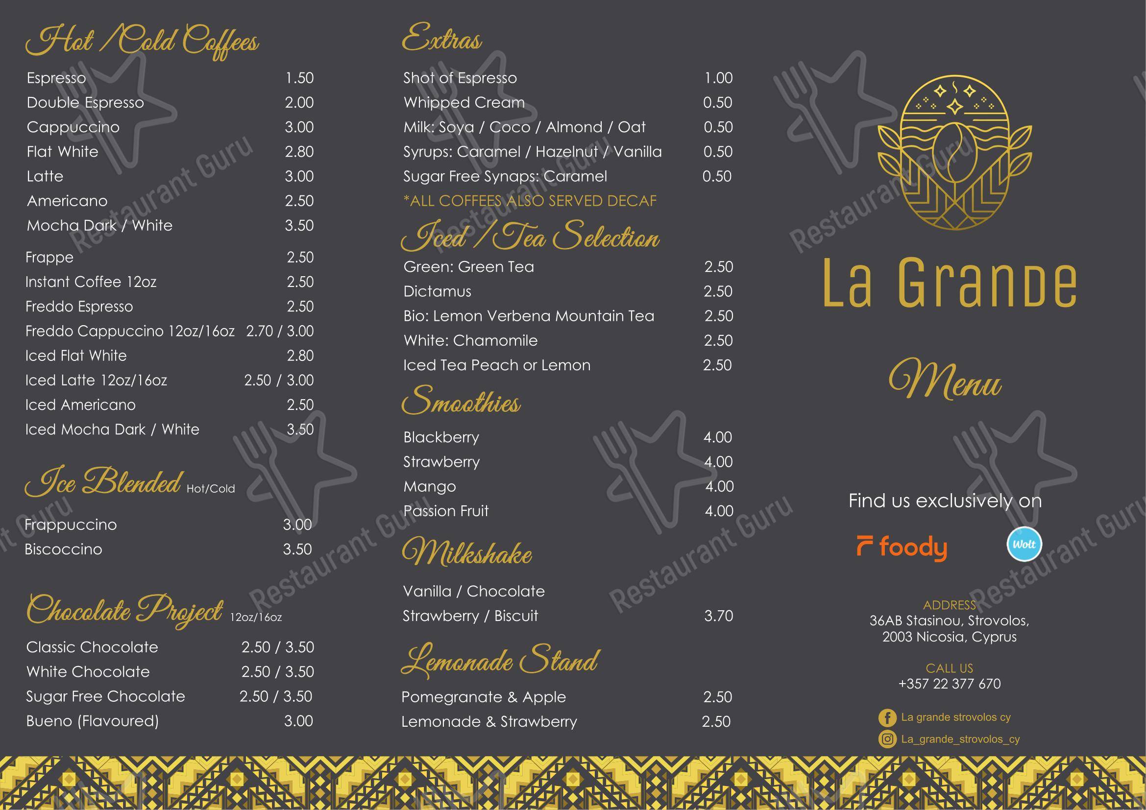 Menu au La Grande Strovolos, Nicosie