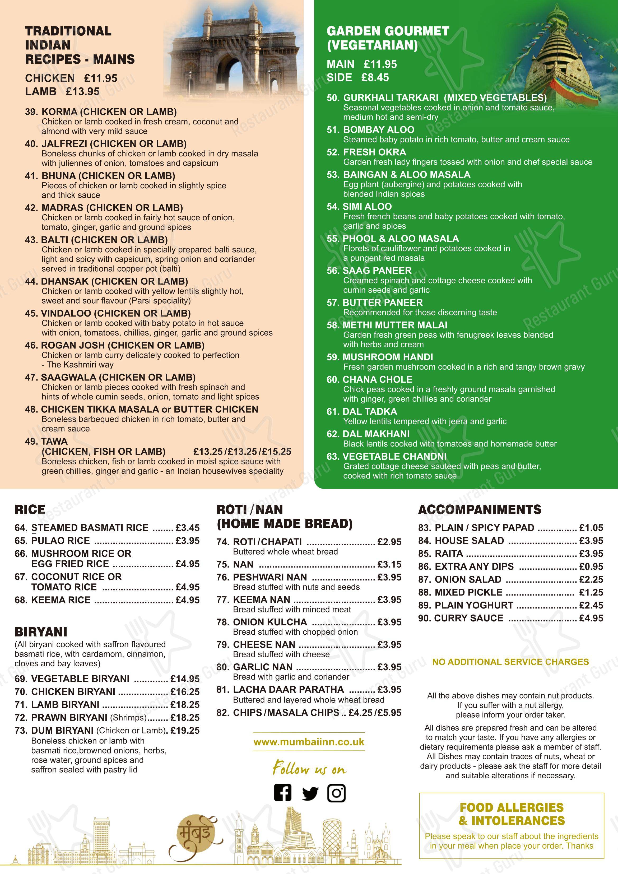 Menu at Mumbai Inn restaurant, Leicester