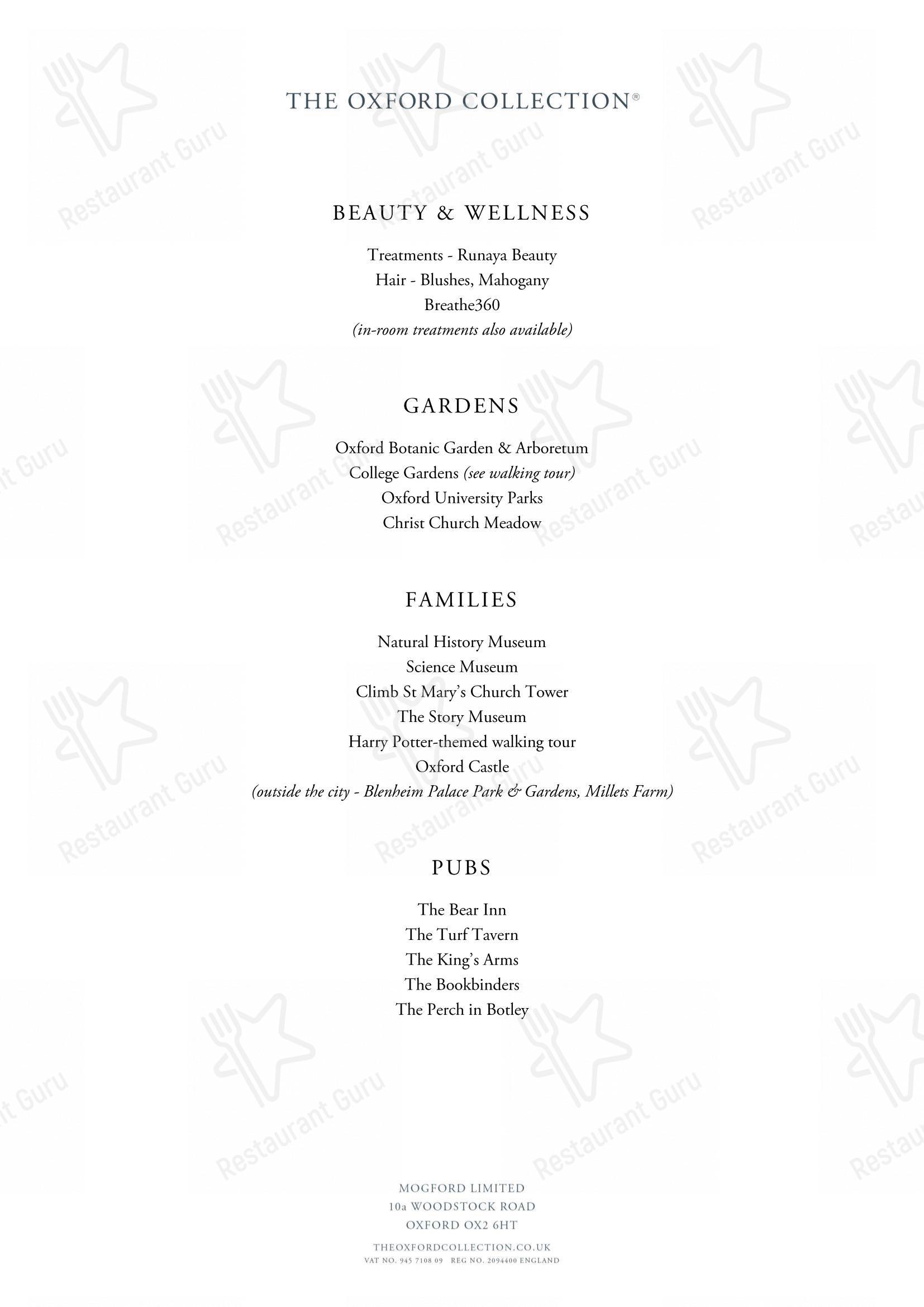 Menu at Old Parsonage Hotel, by The Oxford Collection pub & bar, Oxford