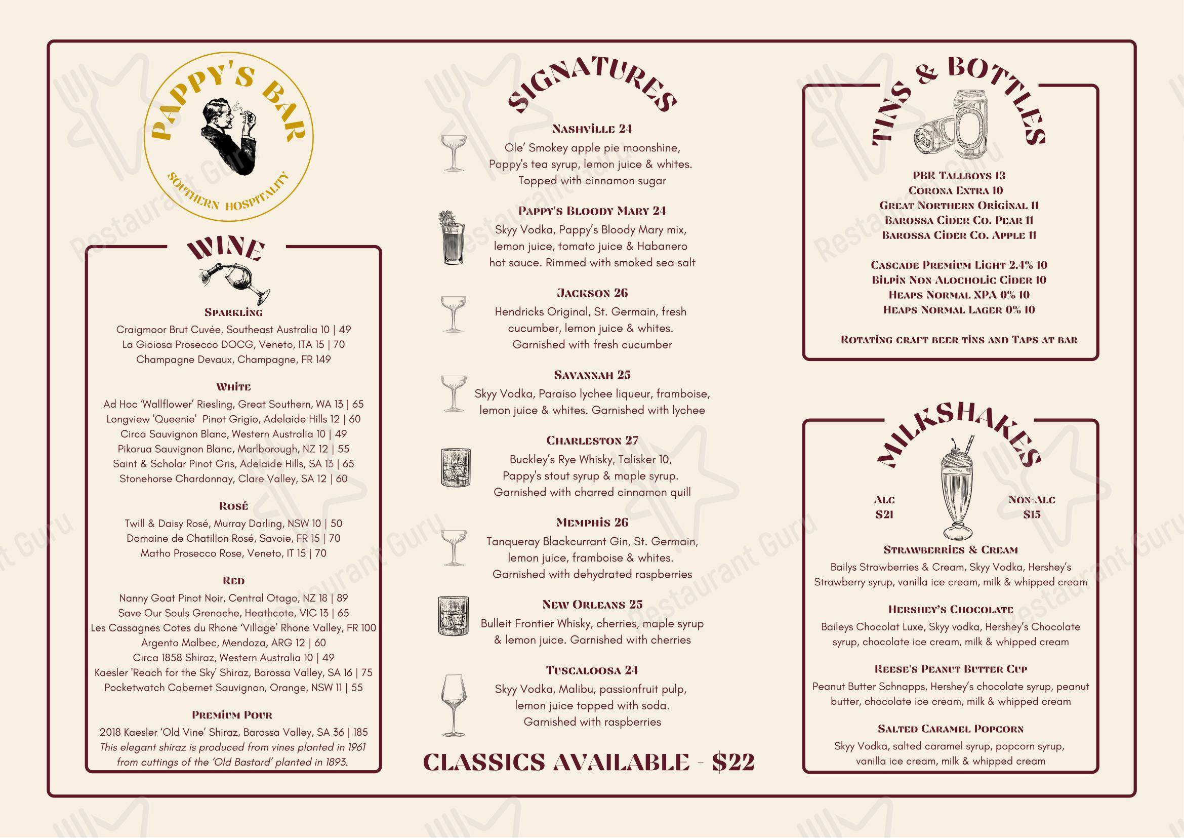Menu at Pappy's Bar, Sydney