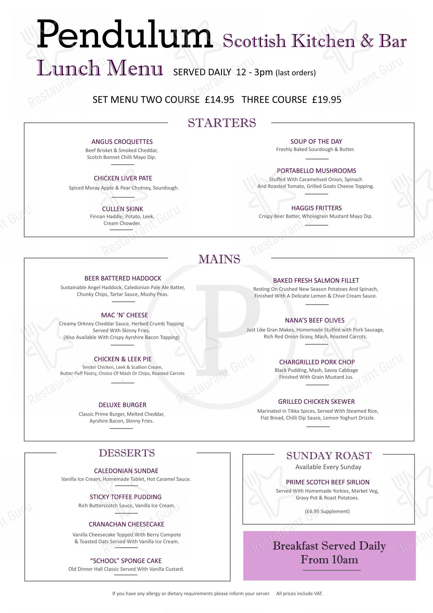 Menu at Pendulum Bar & Grill, Paisley