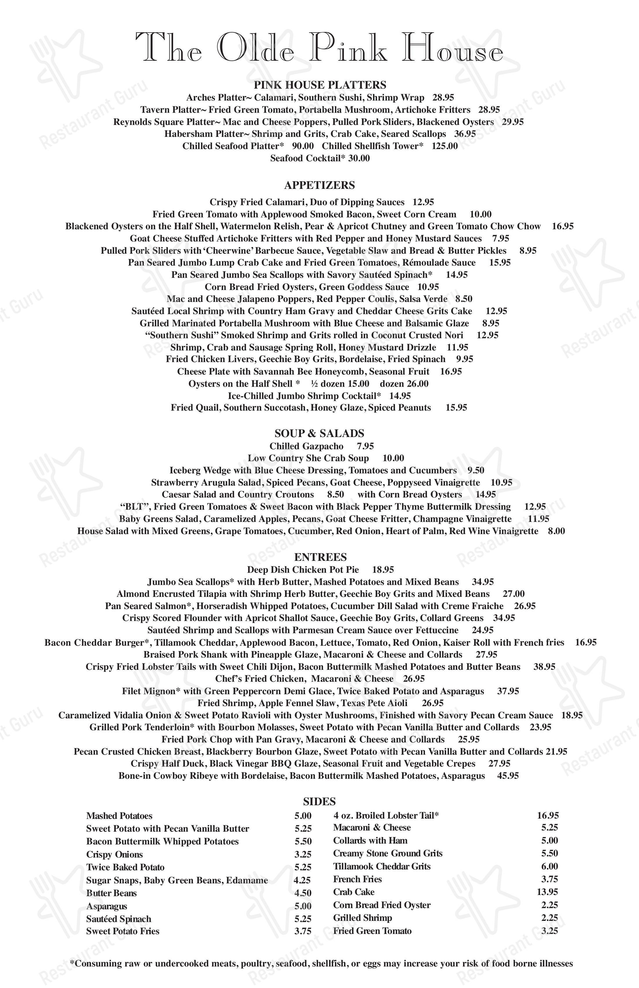 Menu at Planters Tavern pub & bar, Savannah, 23 Abercorn St