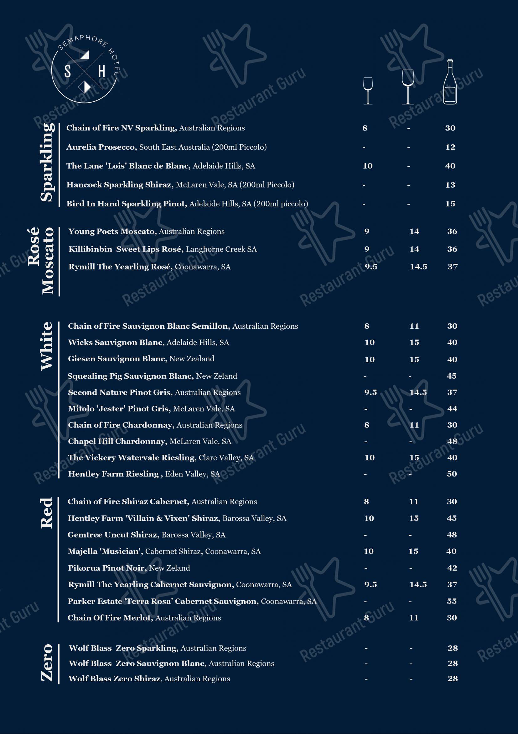 Menu at Semaphore Hotel pub & bar, Semaphore