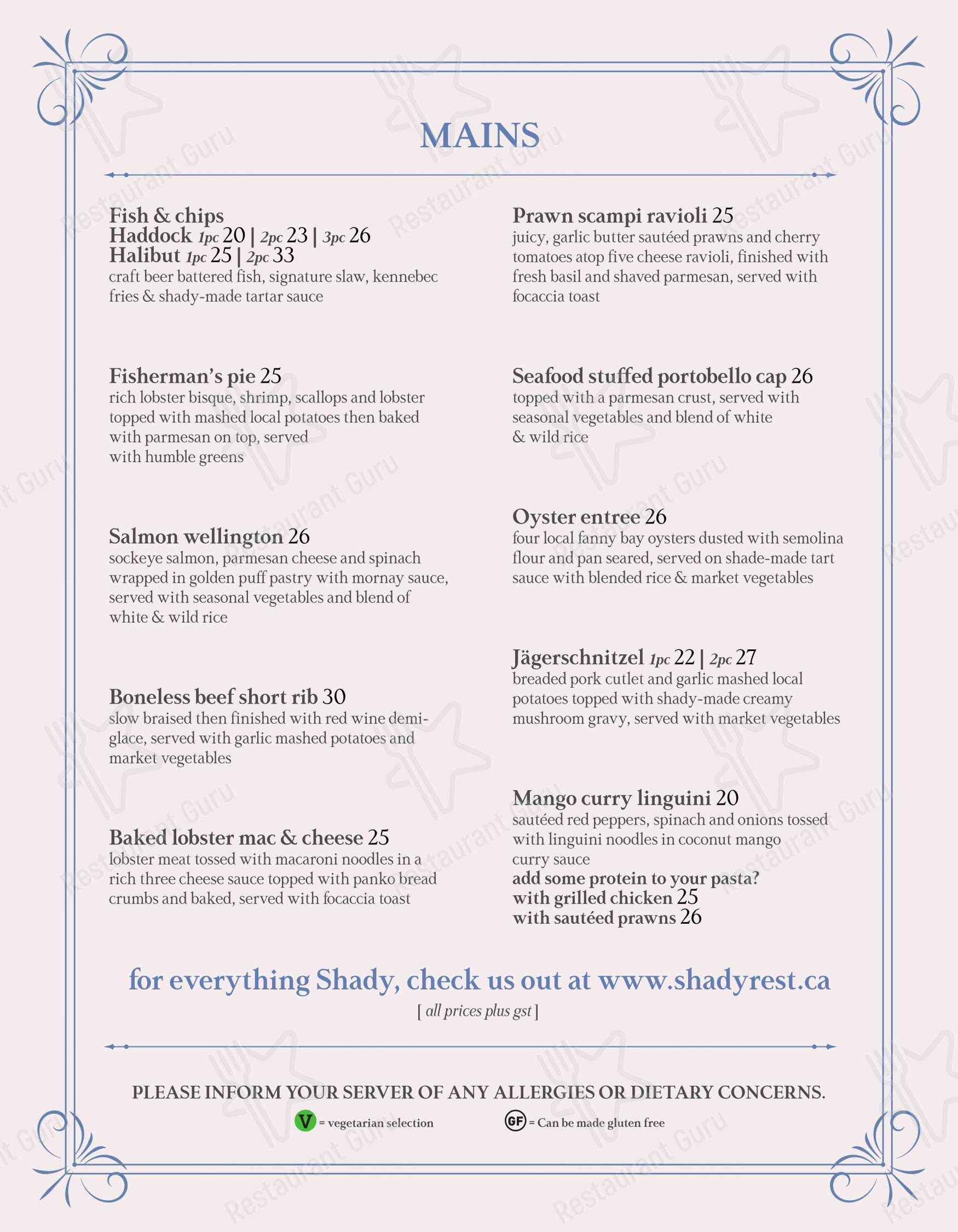 Menu at Shady Rest Restaurant & Pub, Qualicum Beach