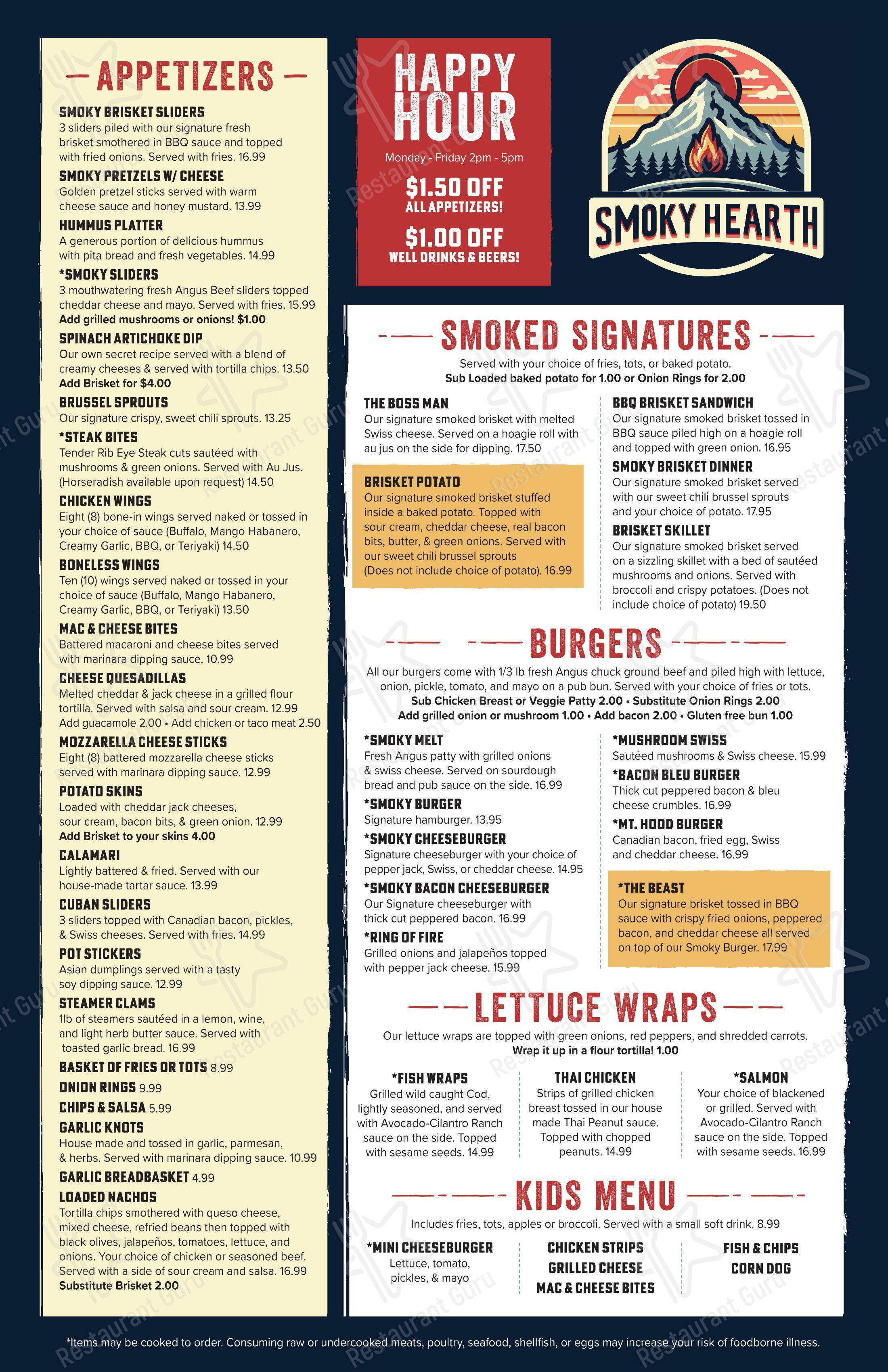 Menu at Smoky Hearth Restaurant Bar & Grill, Sandy