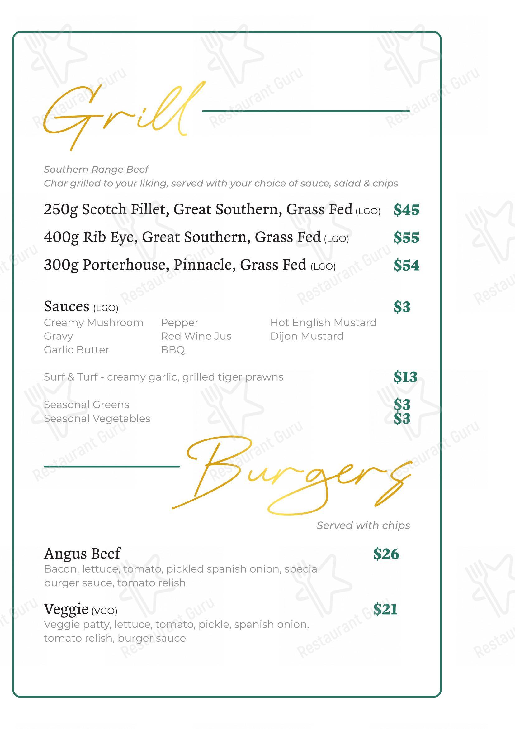 Menu at St Lords restaurant, Geelong