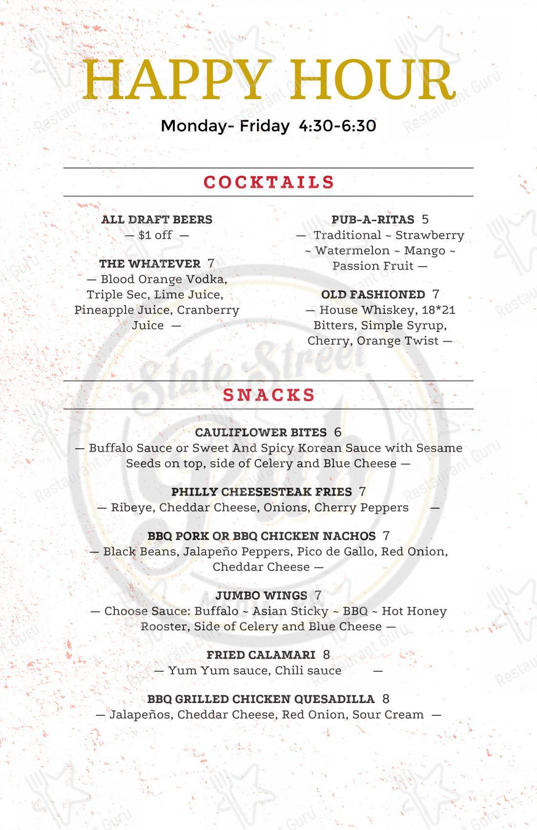 Menu at State Street Pub, Media