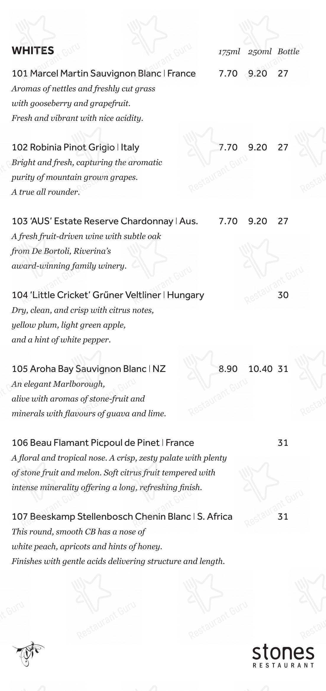 Menu at Stones restaurant, Matlock