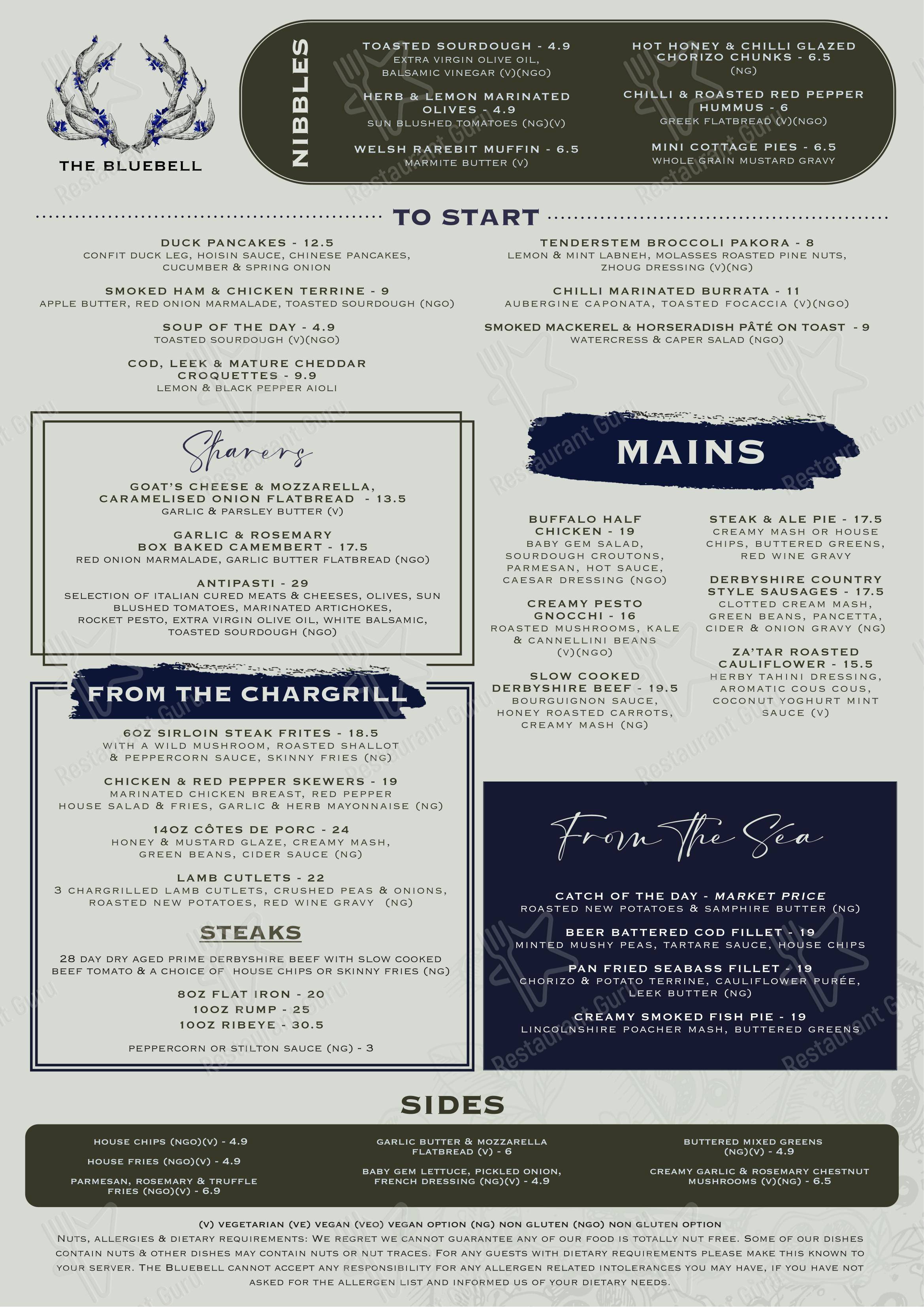 Menu at The Bluebell Inn pub & bar, Kirk Langley, Adam's Rd