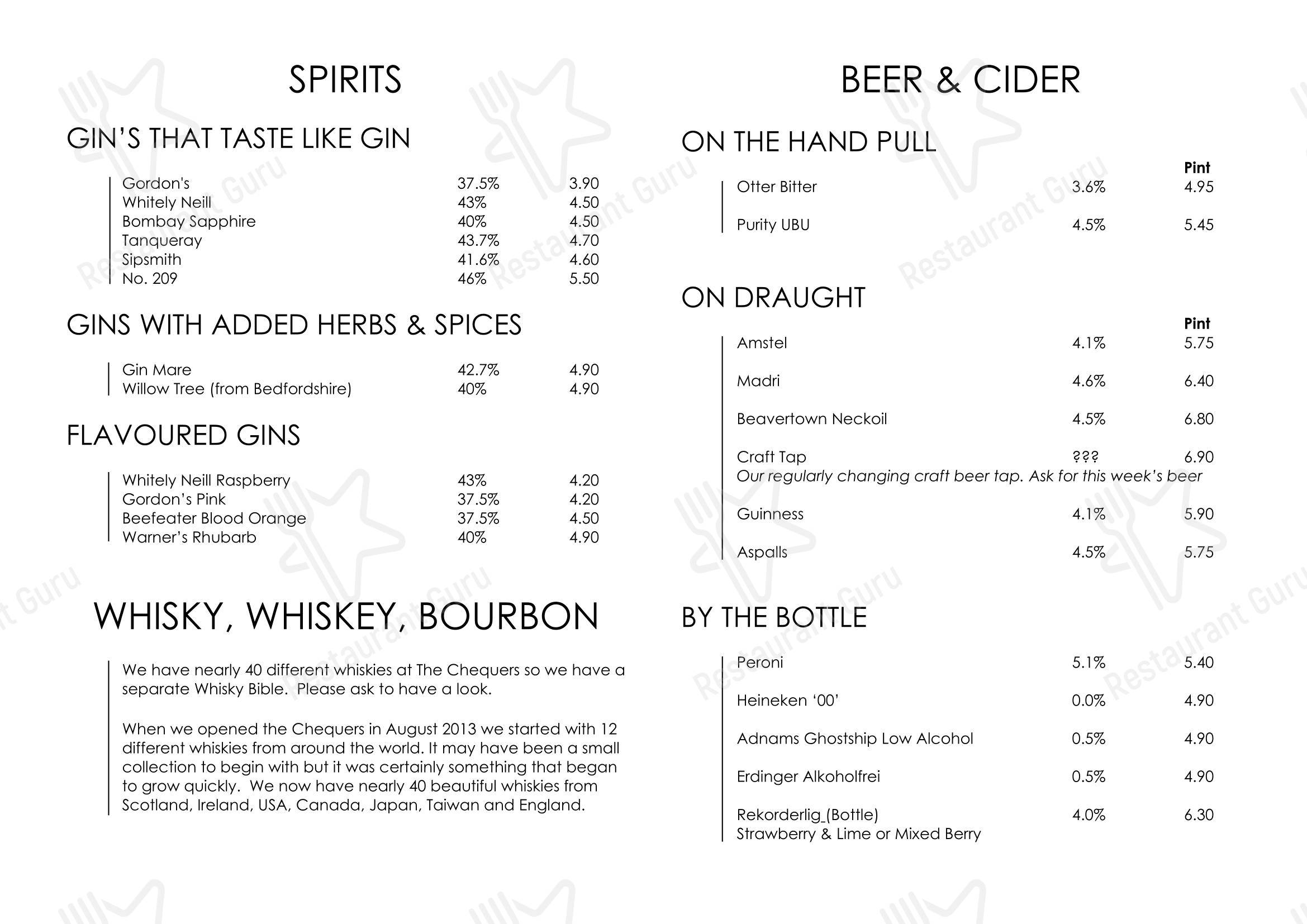 Menu at The Chequers pub & bar, Westoning, Park Rd