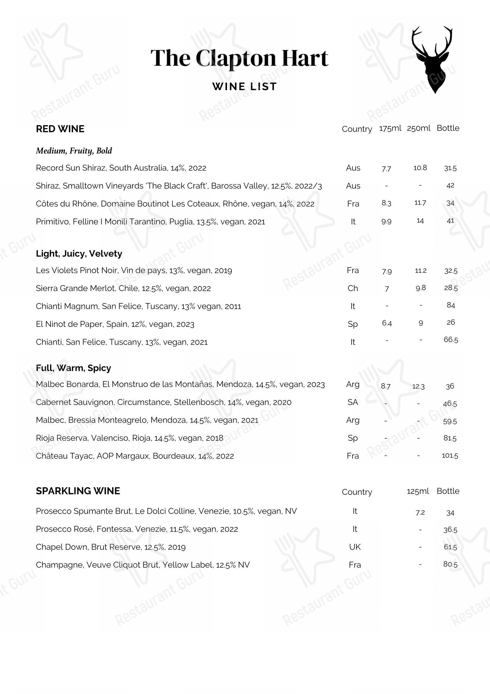 Carta del pub y bar The Clapton Hart, Londres