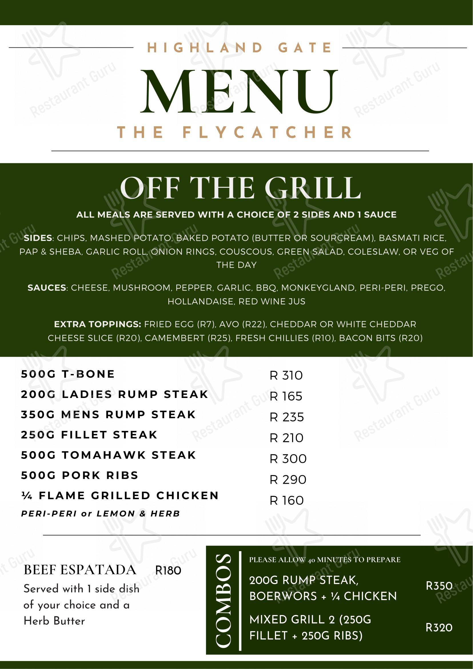 Menu at The Flycatcher Restaurant, Dullstroom, Dullstroom