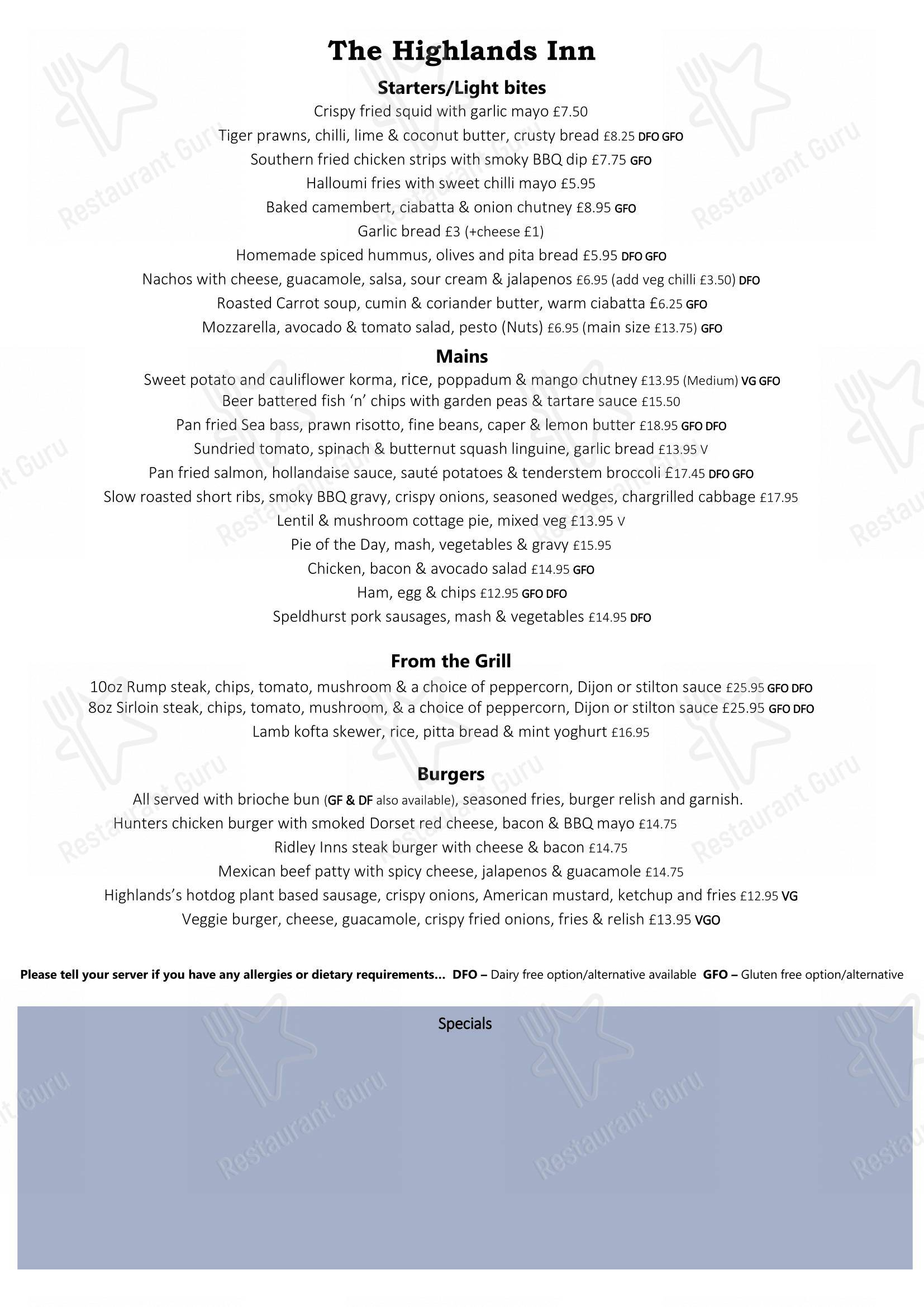 Menu at The Highlands Inn pub & bar, Uckfield, Eastbourne Rd