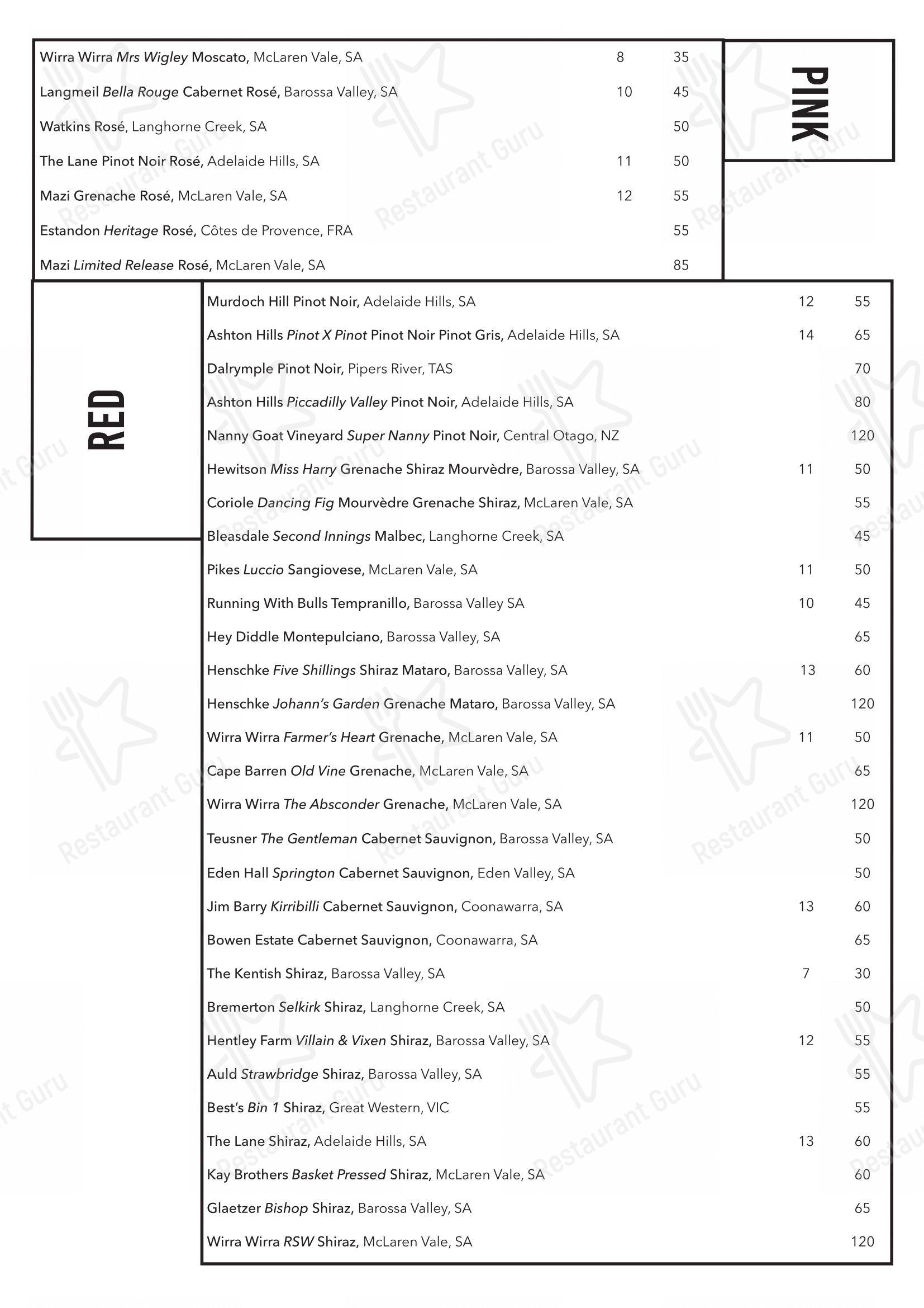 Menu at The Kentish Hotel pub & bar, North Adelaide