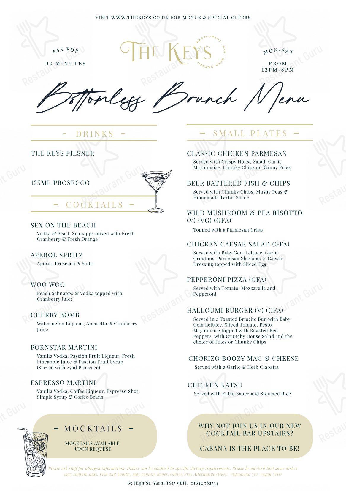 Menu at The Keys Yarm - Restaurant & Venue Hire, Yarm