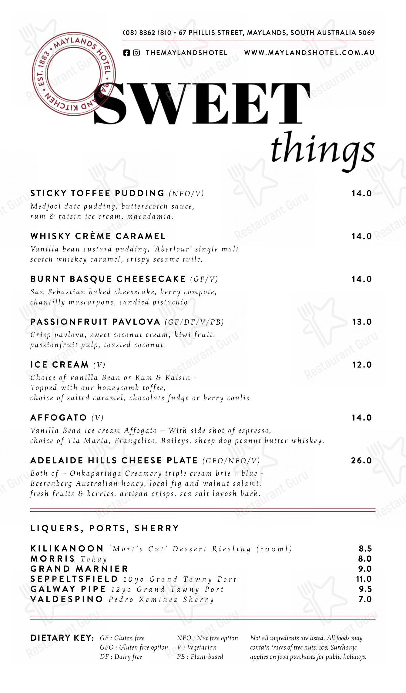 Menu at The Maylands Hotel pub & bar, Maylands, 67 Phillis St