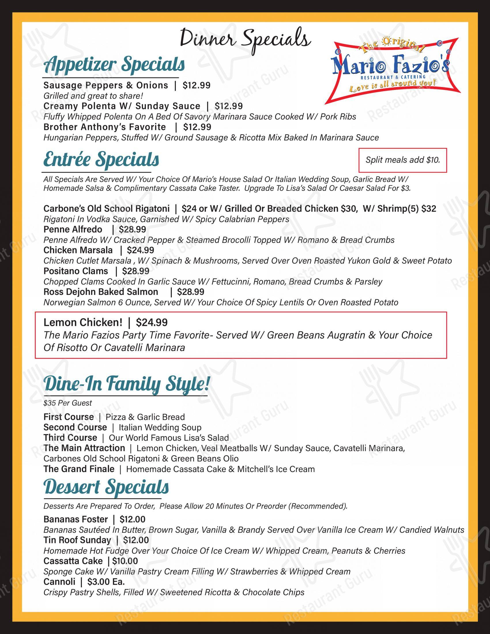 Menu at The Original Mario Fazios restaurant, Willoughby Hills