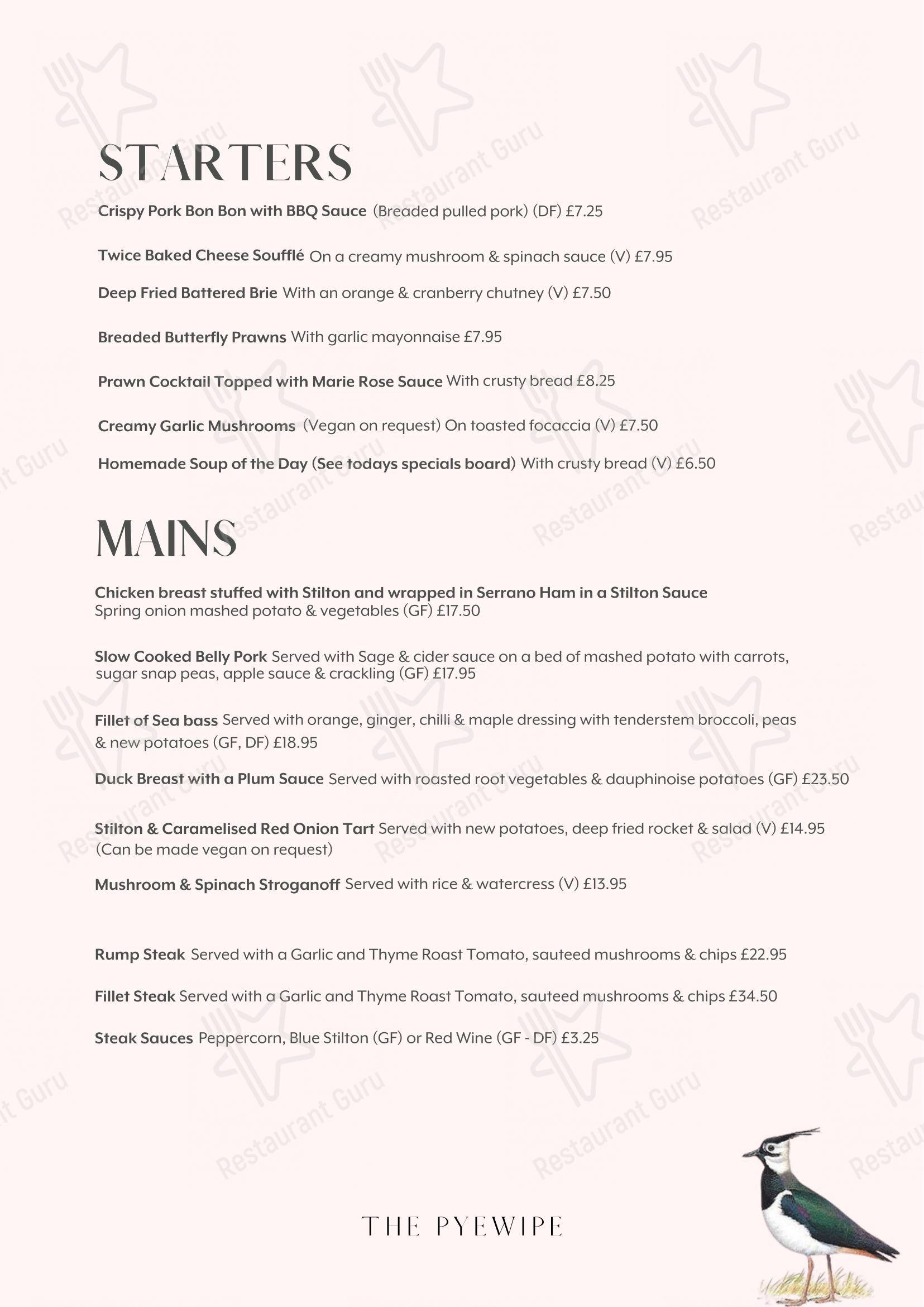 Menu at The Pyewipe Inn pub & bar, Lincoln