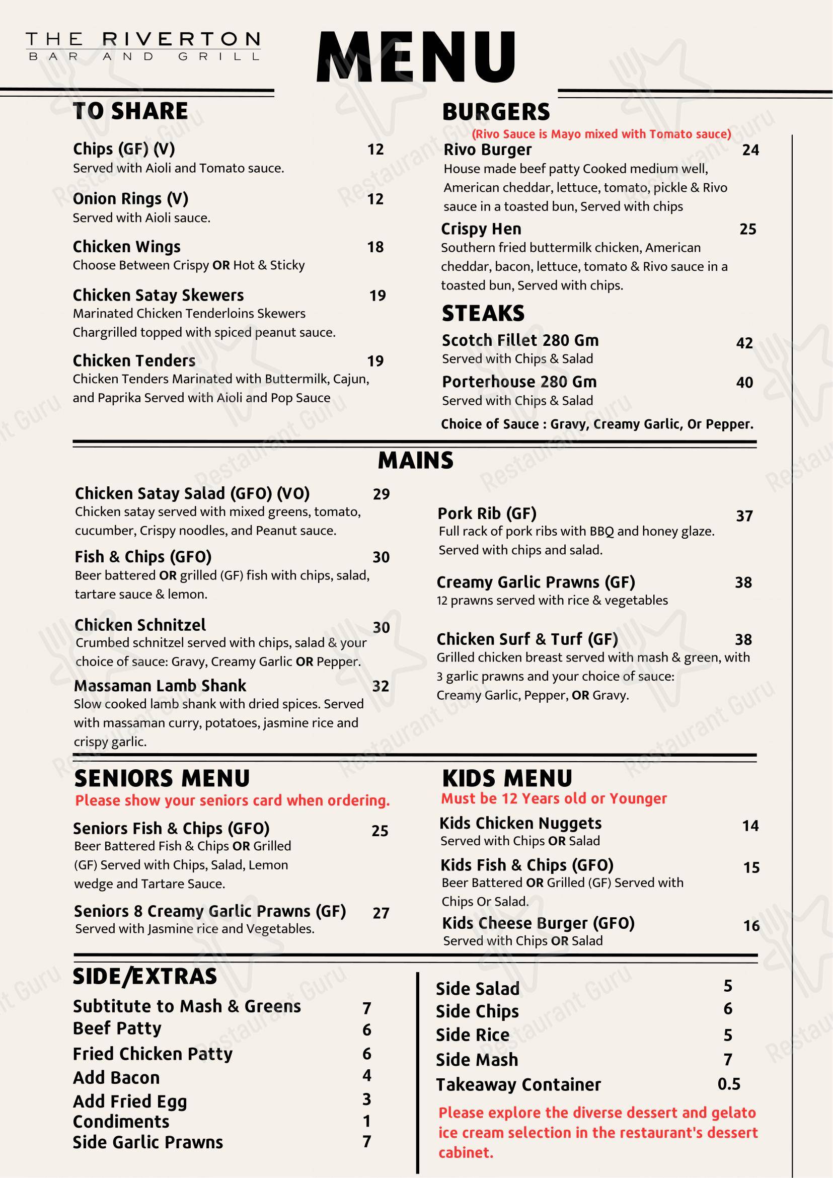 Menu at The Riverton Bar and Grill, Parkwood