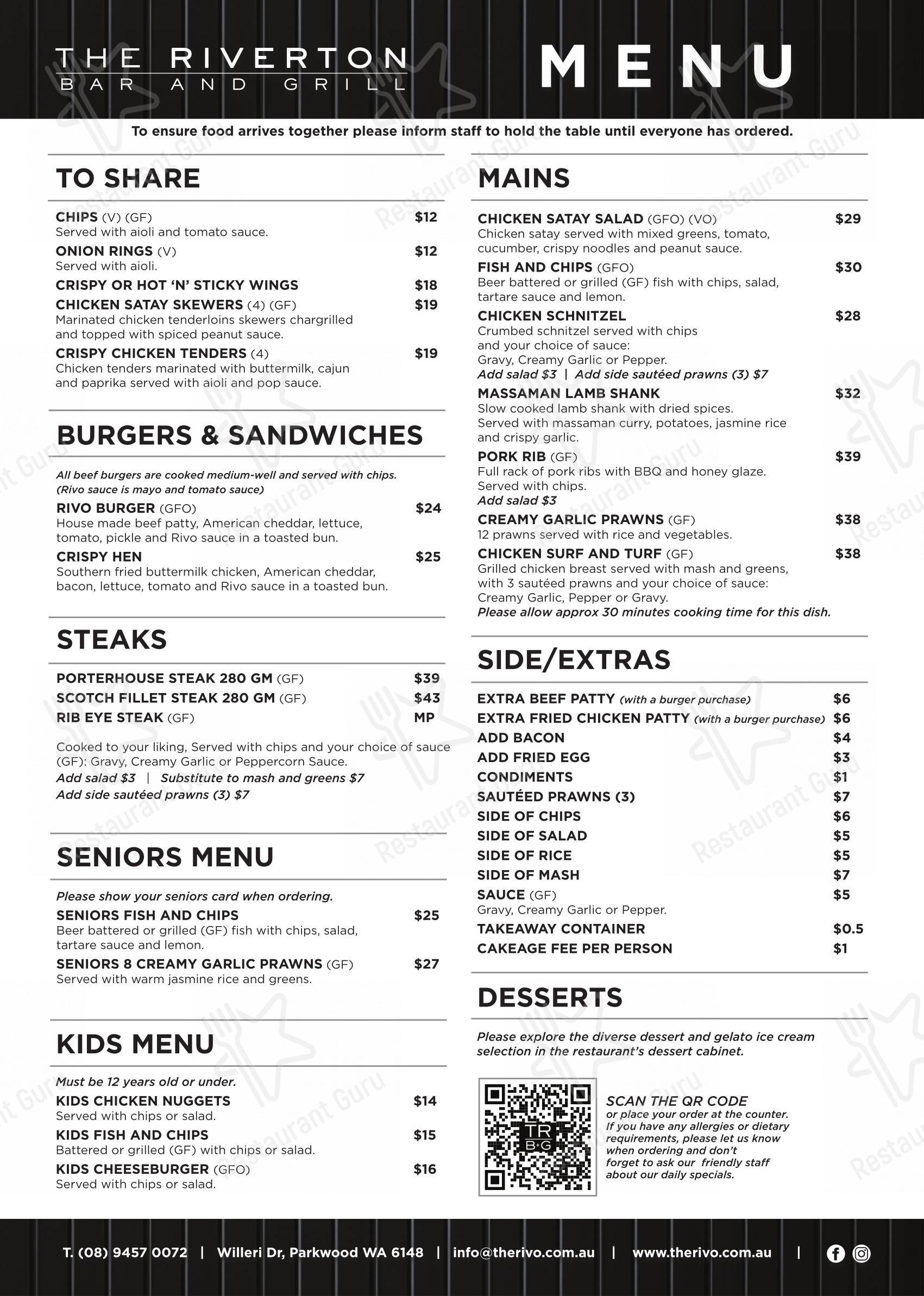 Menu at The Riverton Bar and Grill, Parkwood
