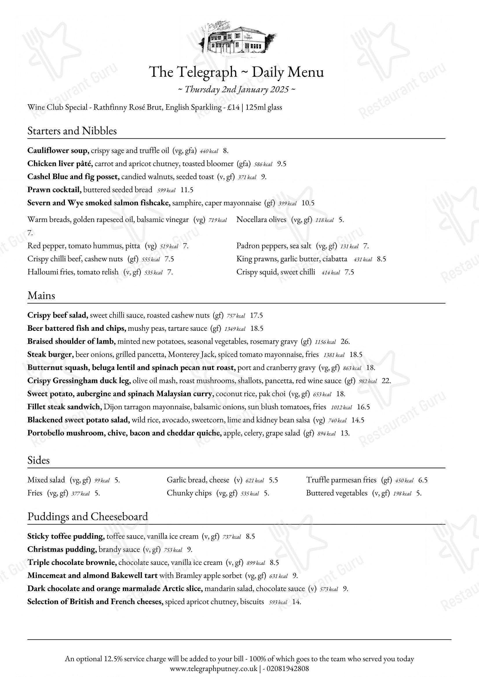 Menu at The Telegraph pub & bar, London, Putney Heath