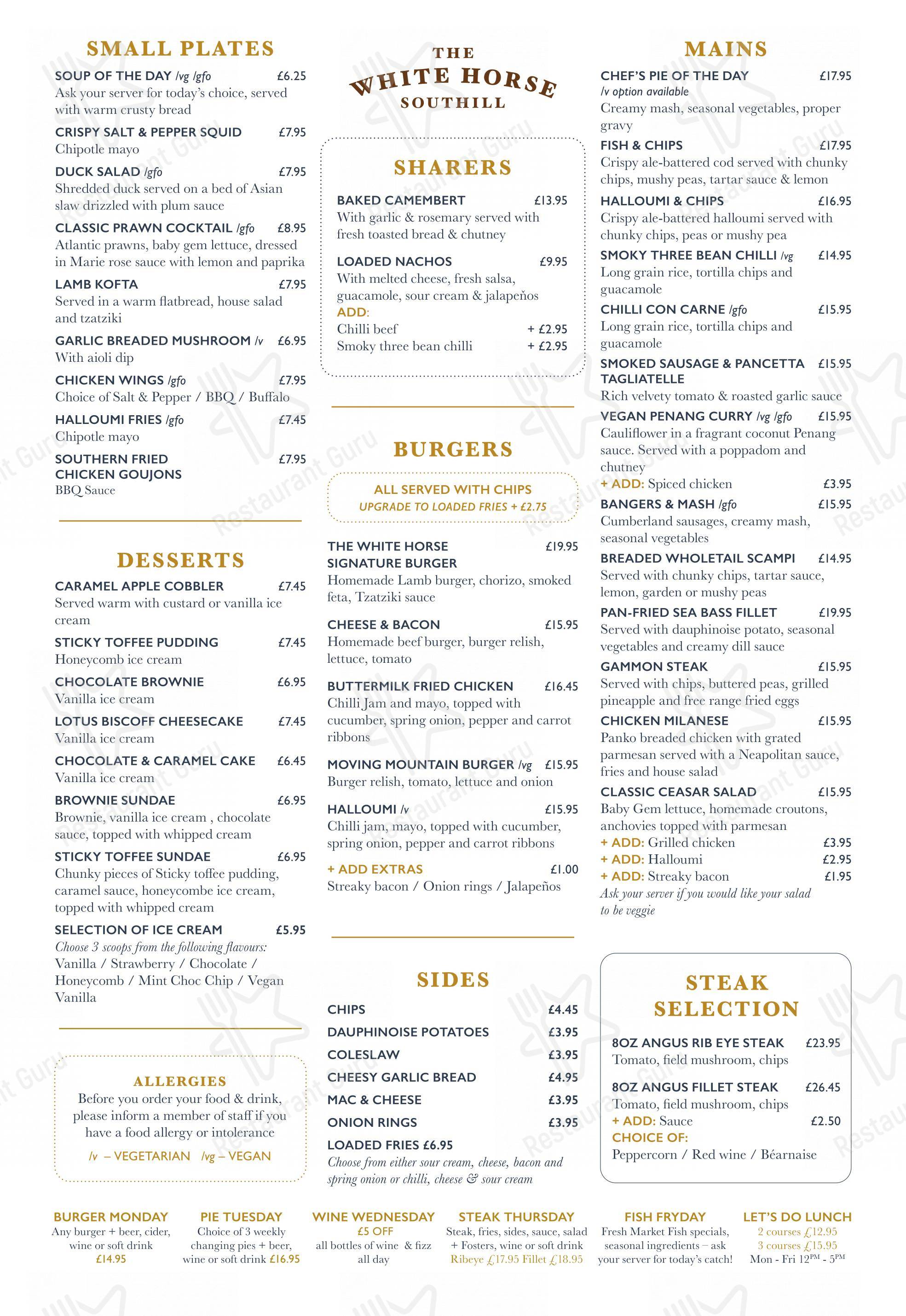 Menu at The White Horse pub & bar, Southill, High St