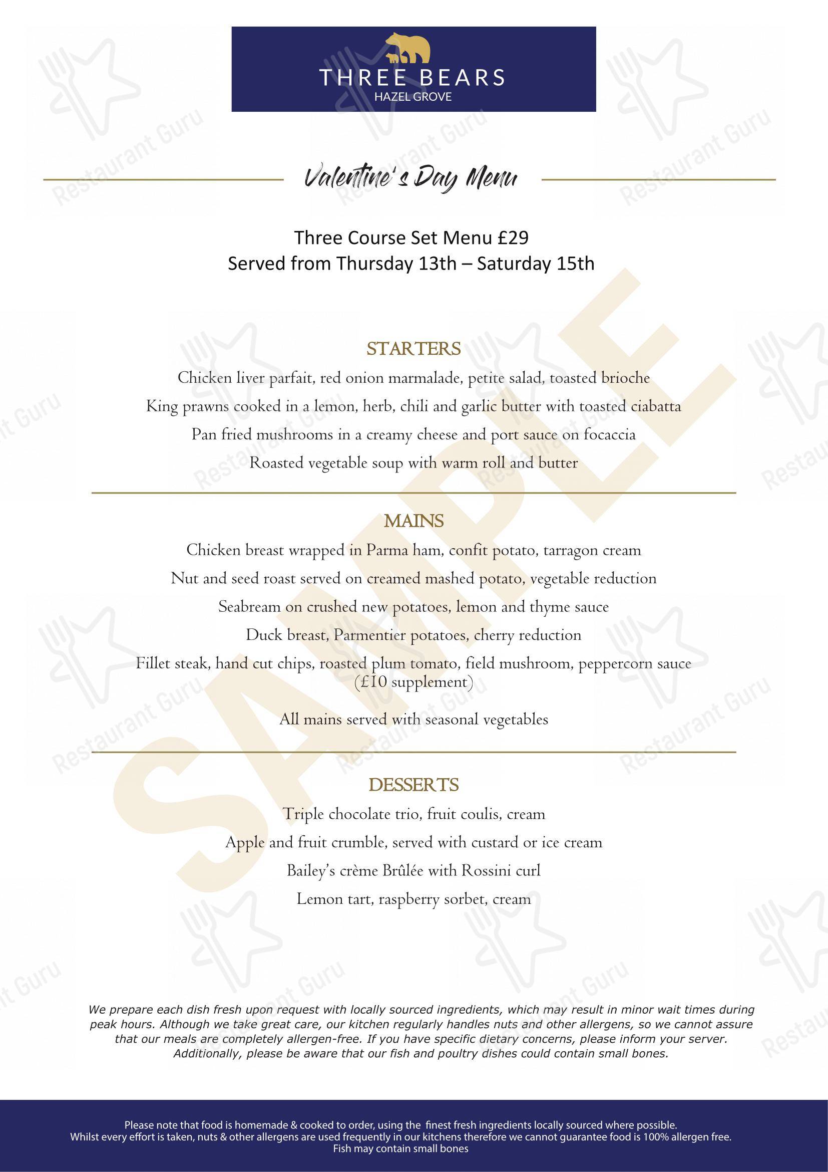 Menu at Three Bears, Hazel Grove pub & bar, Hazel Grove