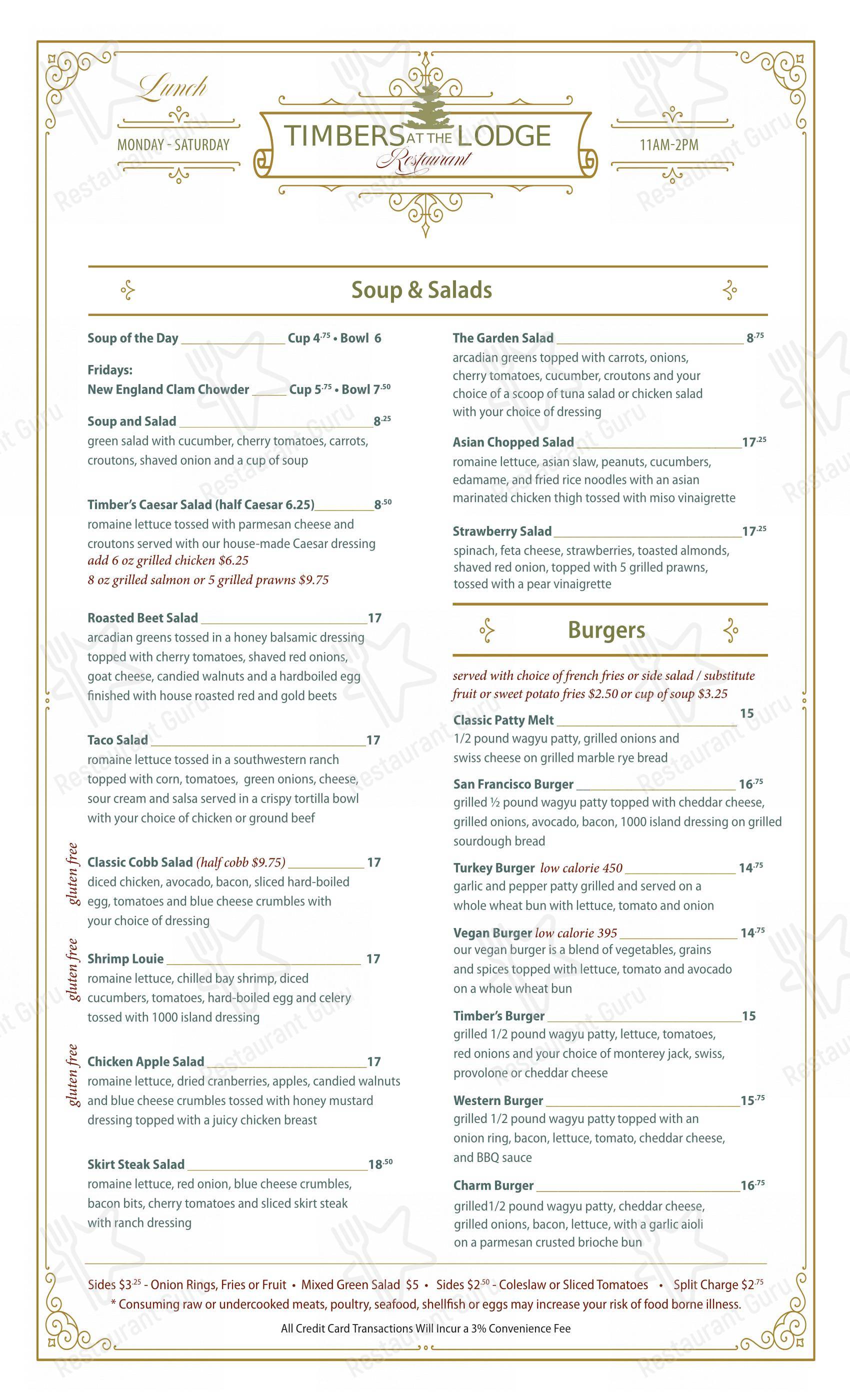Menu at Timbers At the Lodge restaurant, Roseville