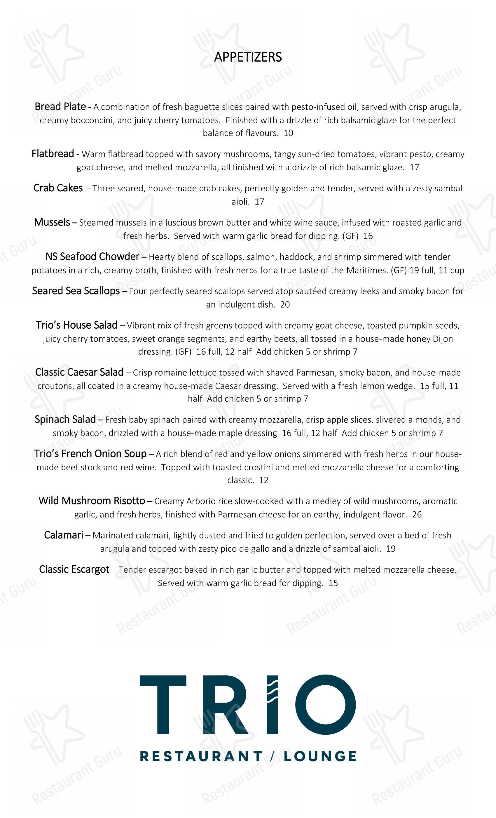 Menu at Trio restaurant, Sydney