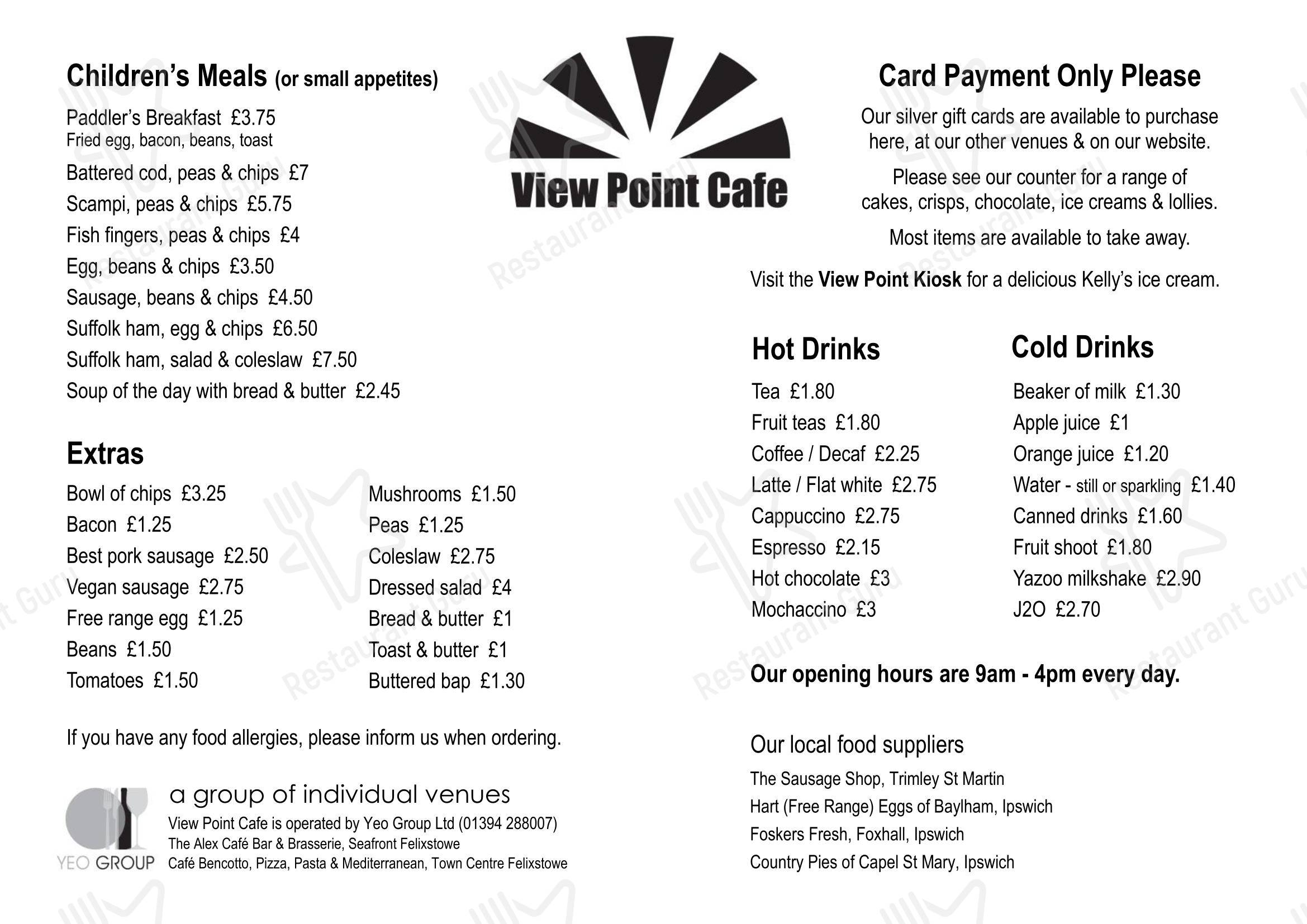 Menu at View Point Cafe, Felixstowe