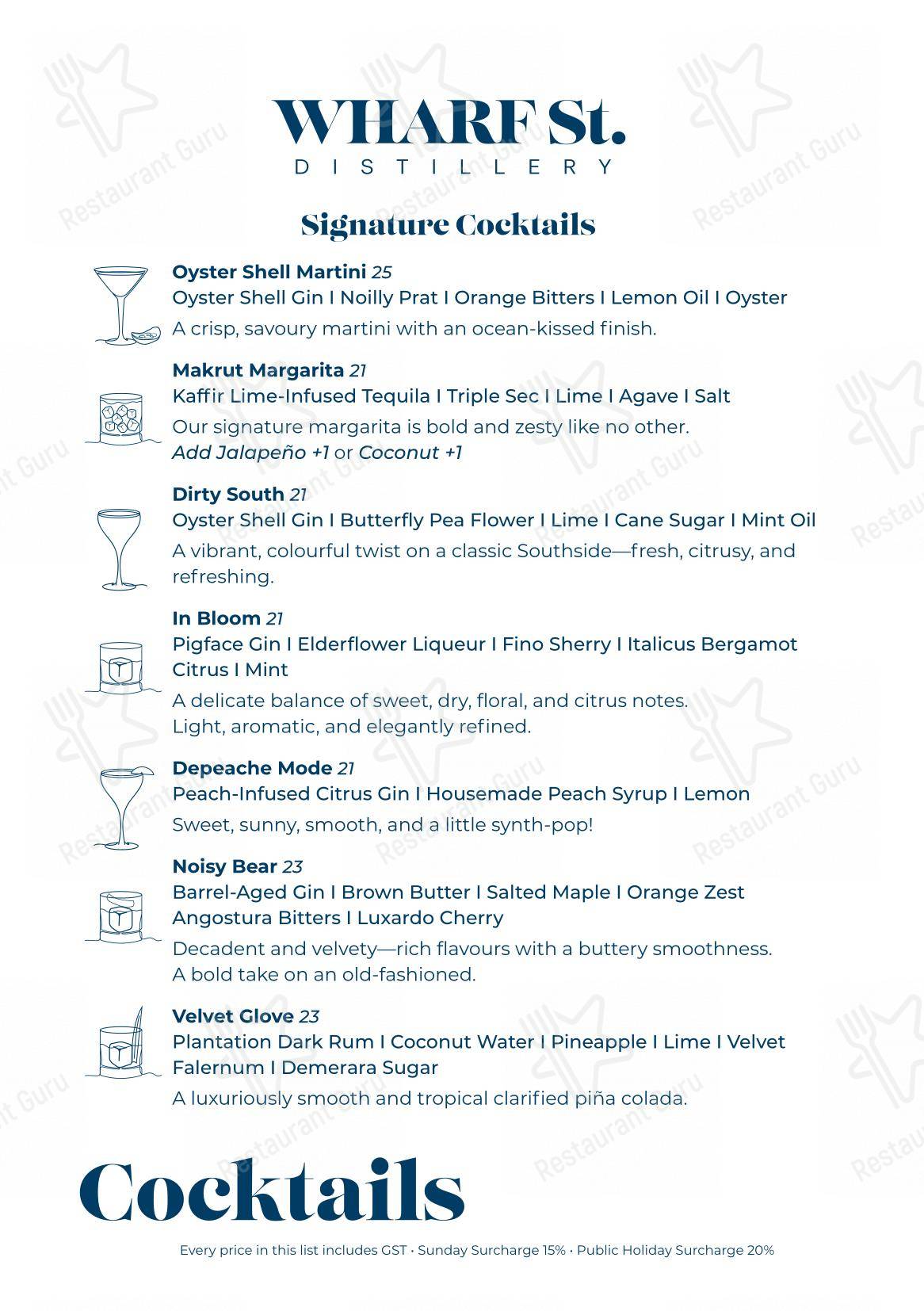 Menu at Wharf St. Distillery Restaurant, Forster