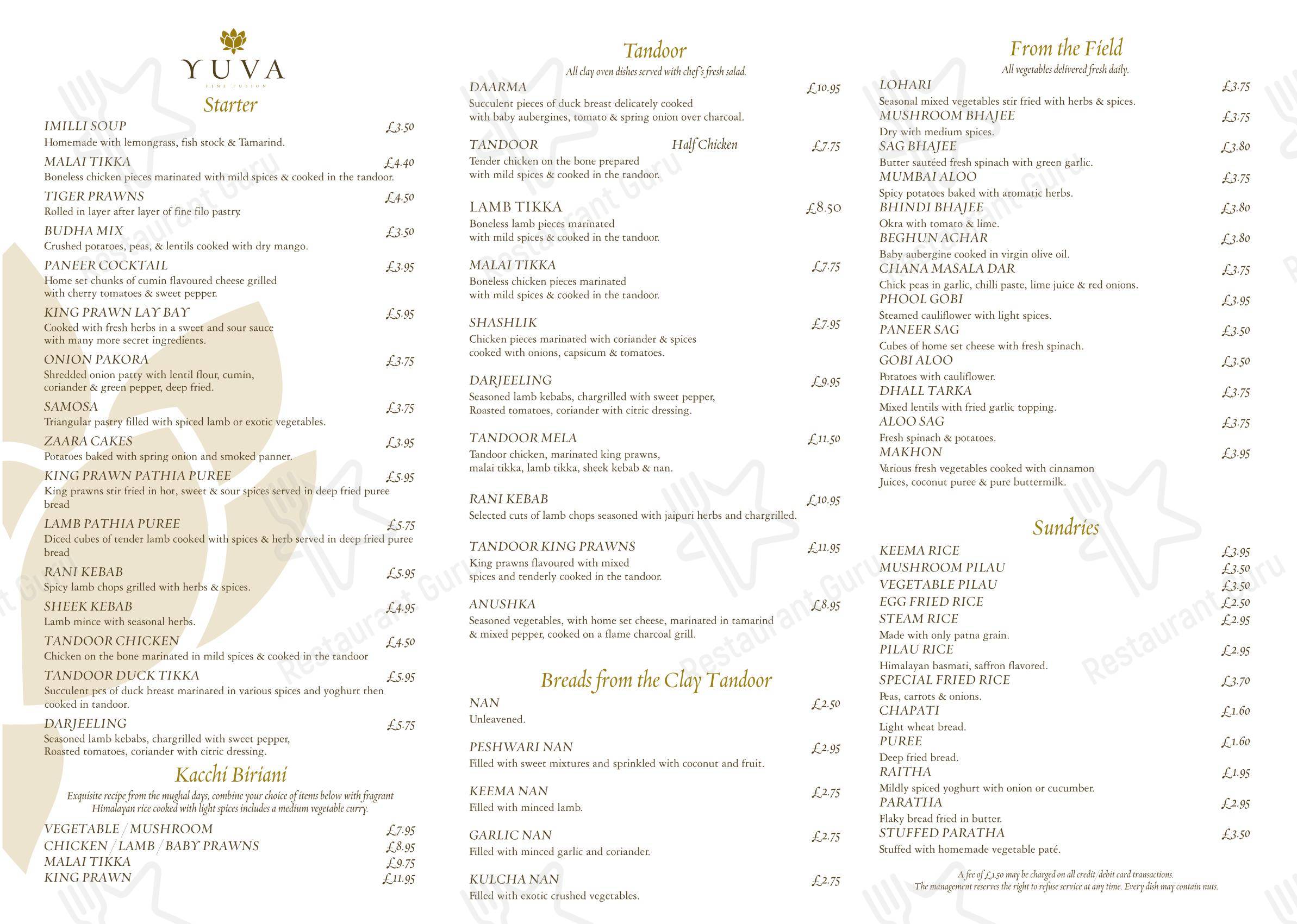 Menu at Yuva Indian & Nepalese Restaurant, Royston
