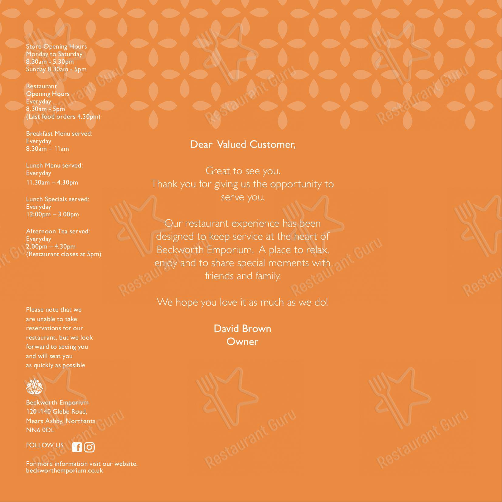 Menu at Beckworth Emporium restaurant, Mears Ashby