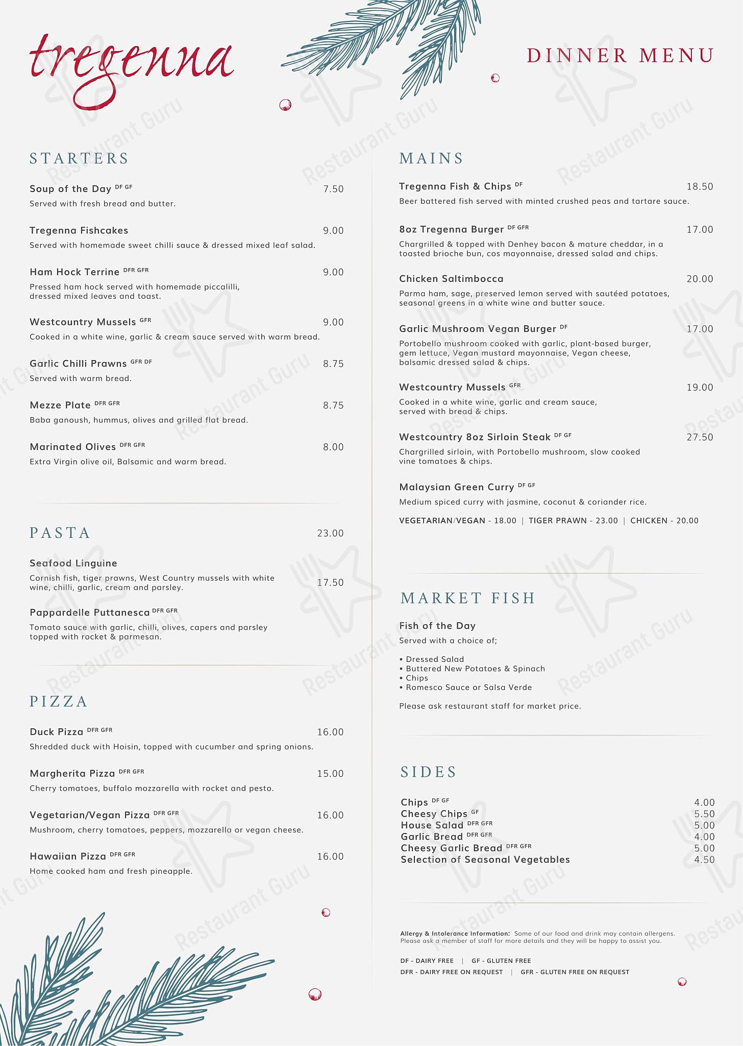 Menu at Tregenna Castle Brasserie restaurant, Saint Ives