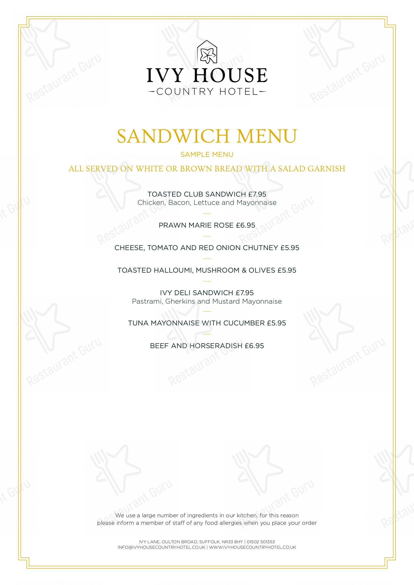Menu at Ivy House Country Hotel restaurant, Lowestoft
