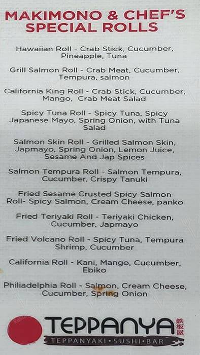 Menu at Teppanya restaurant, Quezon City