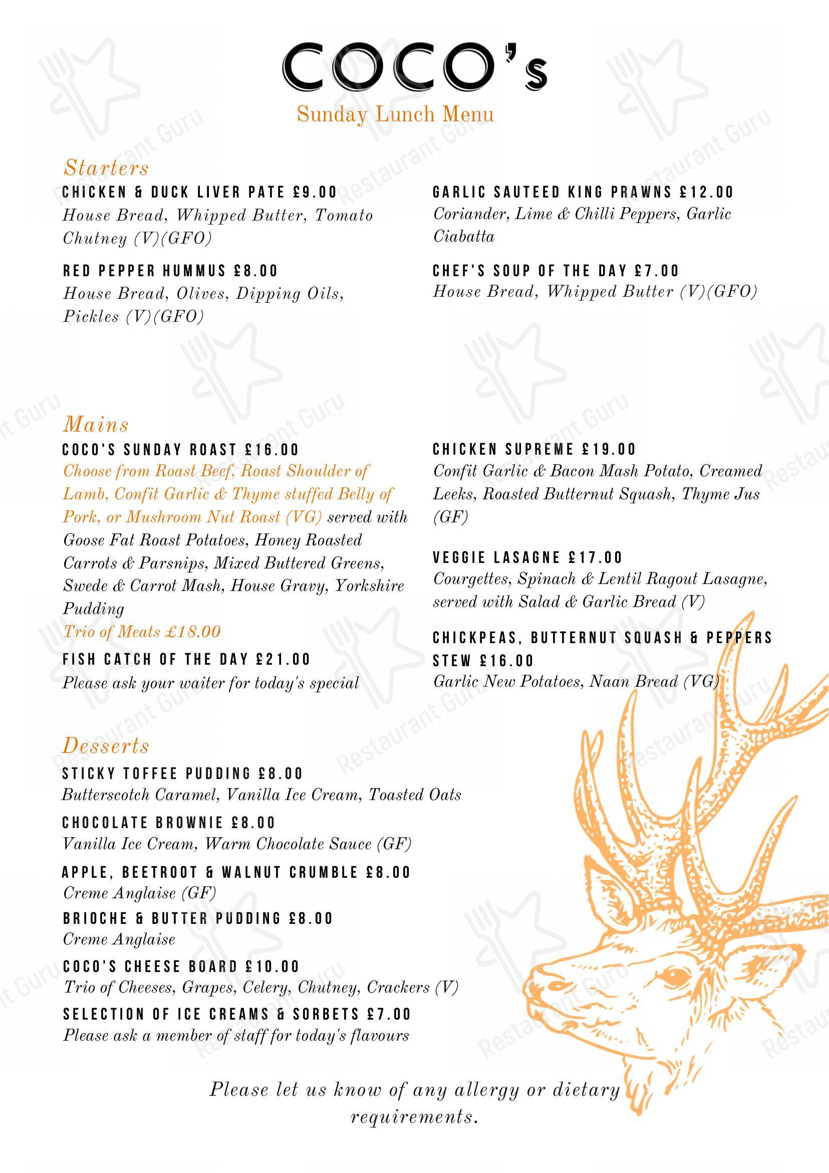 Menu at Coco's pub & bar, Milford Haven
