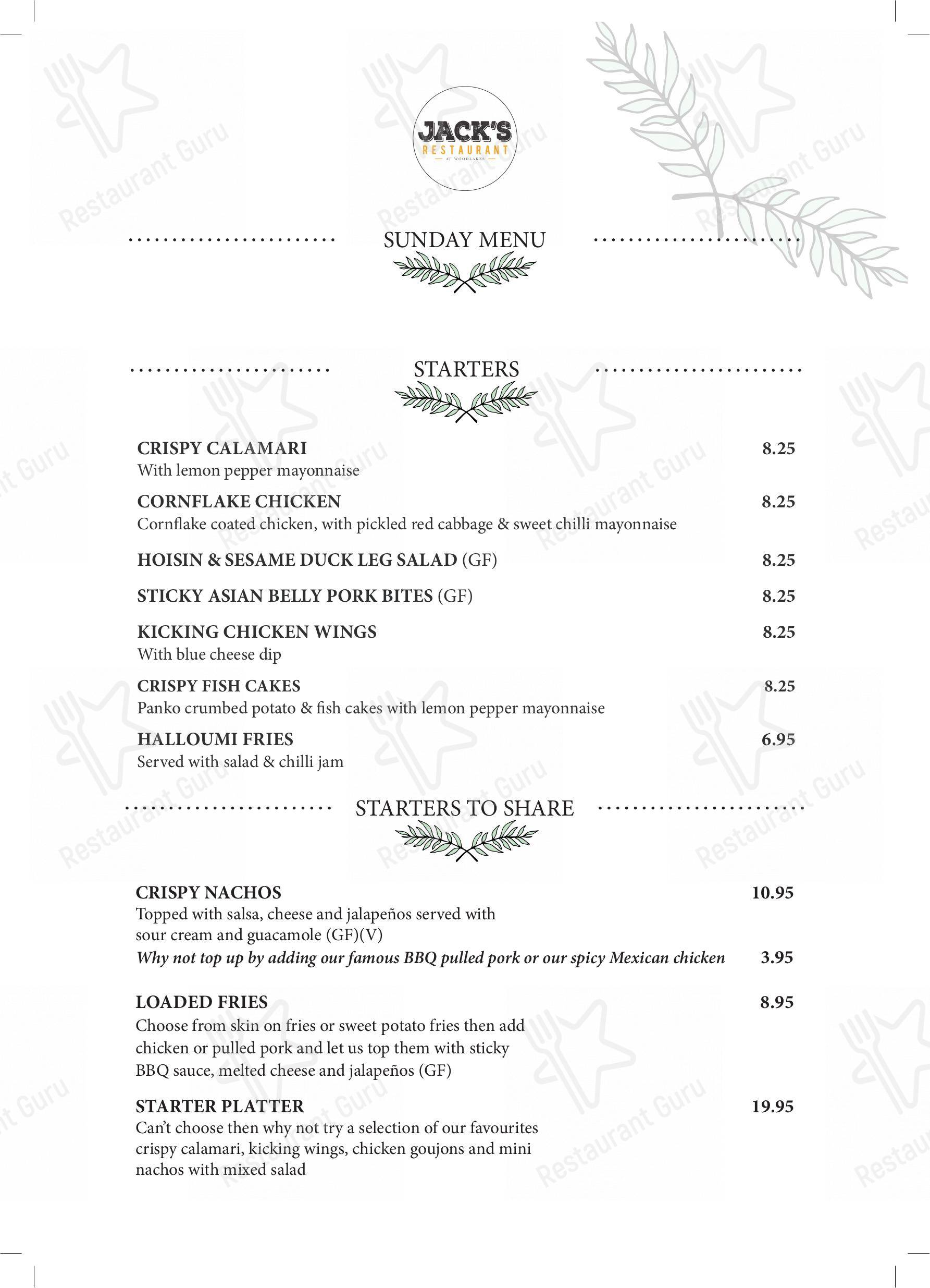 Menu at Jacks at Woodlakes restaurant, Stow Bardolph