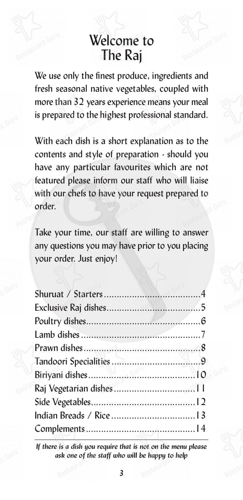 Menu at The Raj Restaurant, Kettering