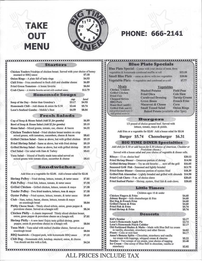 Menu at Big Time Diner restaurant, Mobile